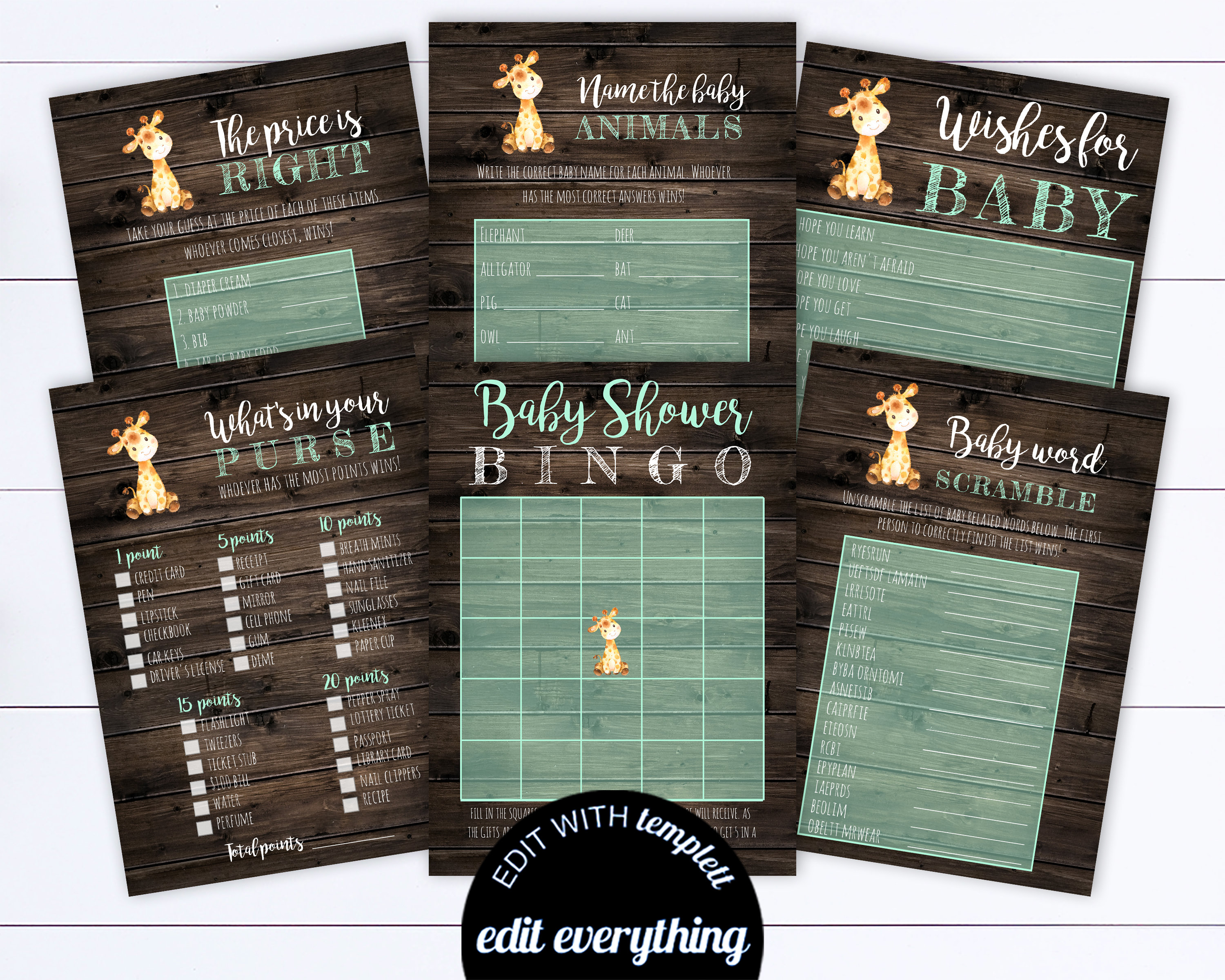Mint Giraffe Baby Shower Game Printable Baby Shower Game Package Baby ...