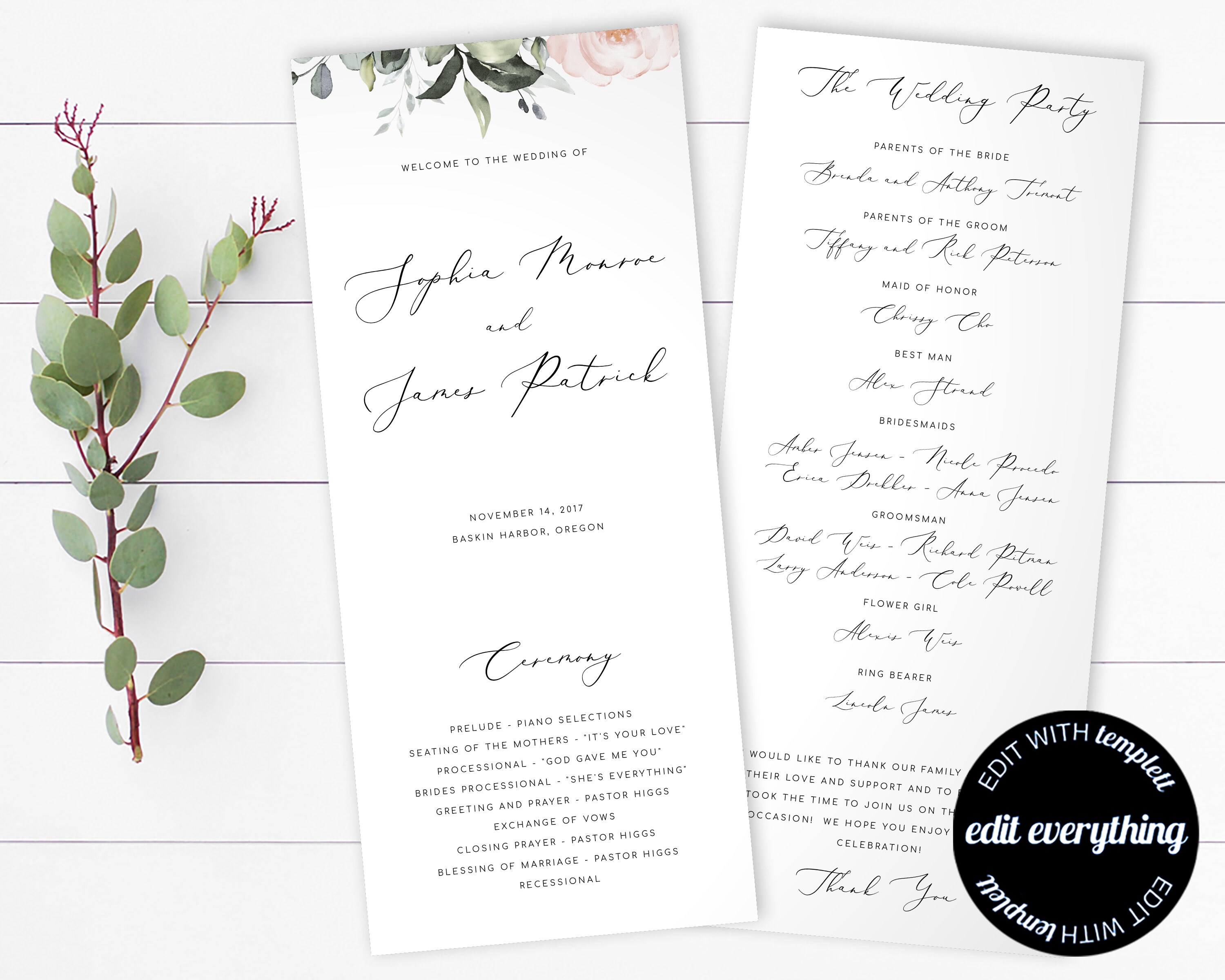 Blush Floral Tea Length Wedding Program Template Floral Ceremony ...
