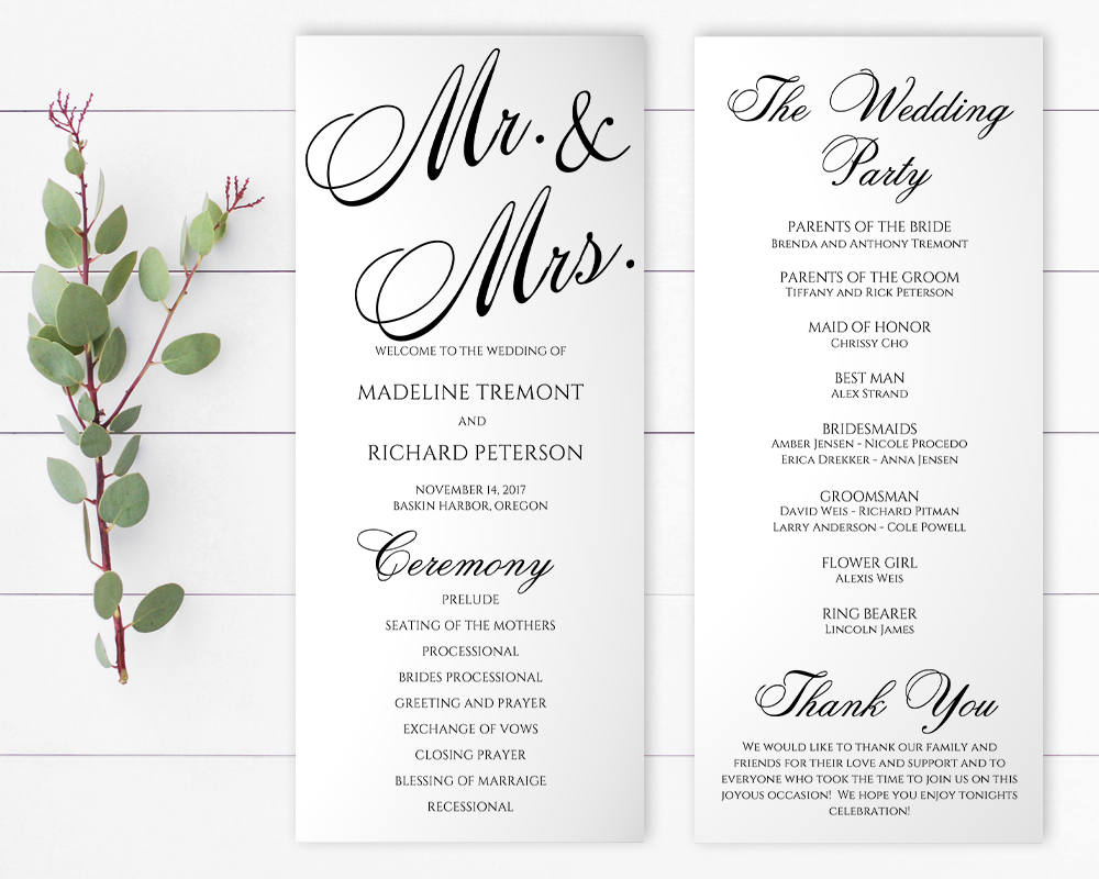 Mr and Mrs Wedding Program Template - Tea Length Program Template ...