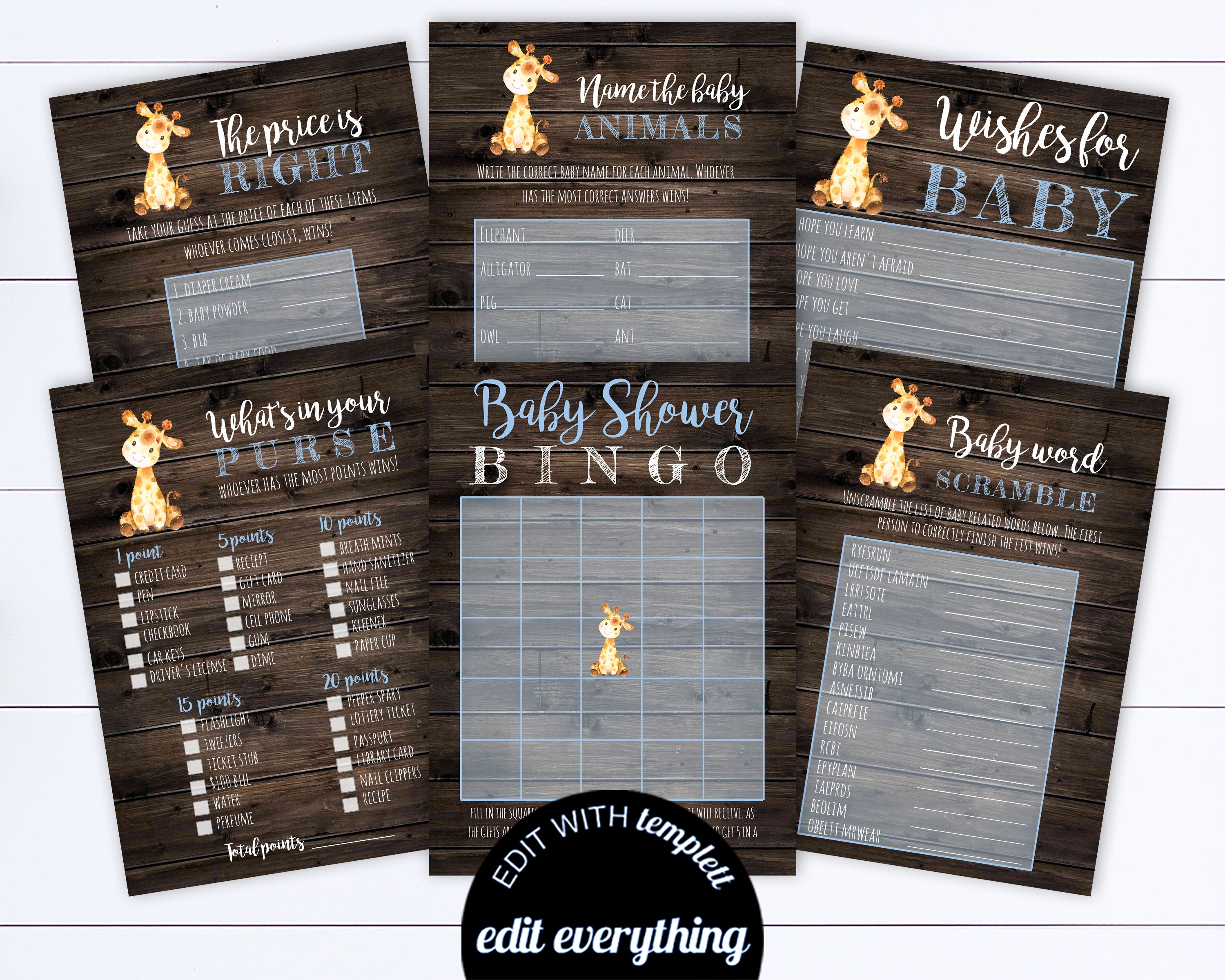 Giraffe Baby Shower Games Printable Baby Shower Games Package Baby ...