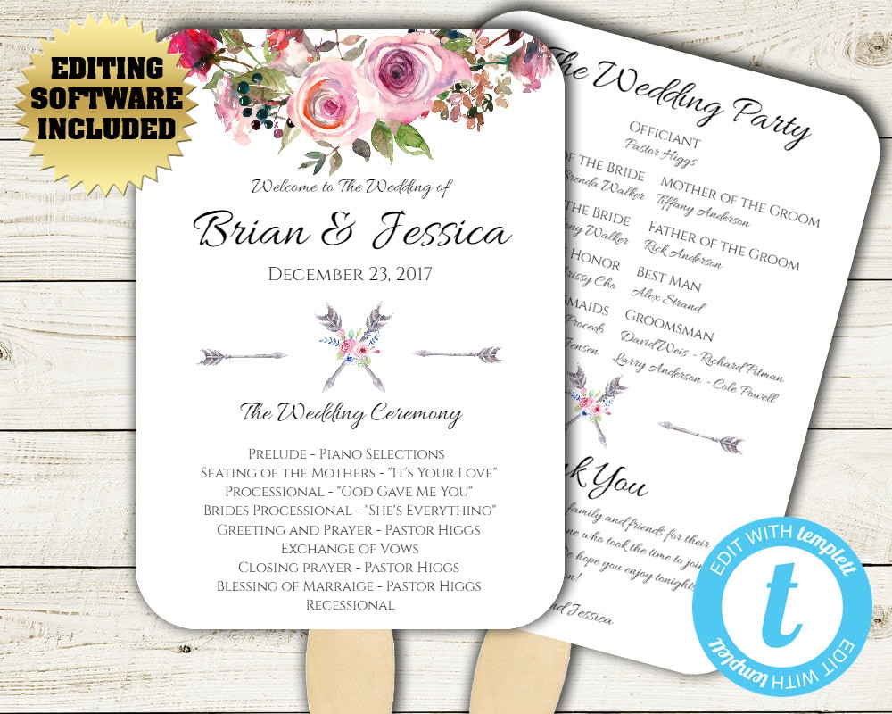 Boho Wedding Program Fan Template - Floral Program Fan - Printable ...