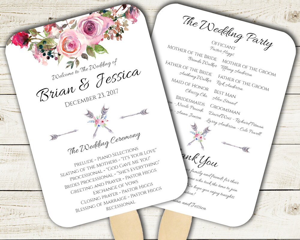 Boho Wedding Program Fan Template - Floral Program Fan - Printable ...