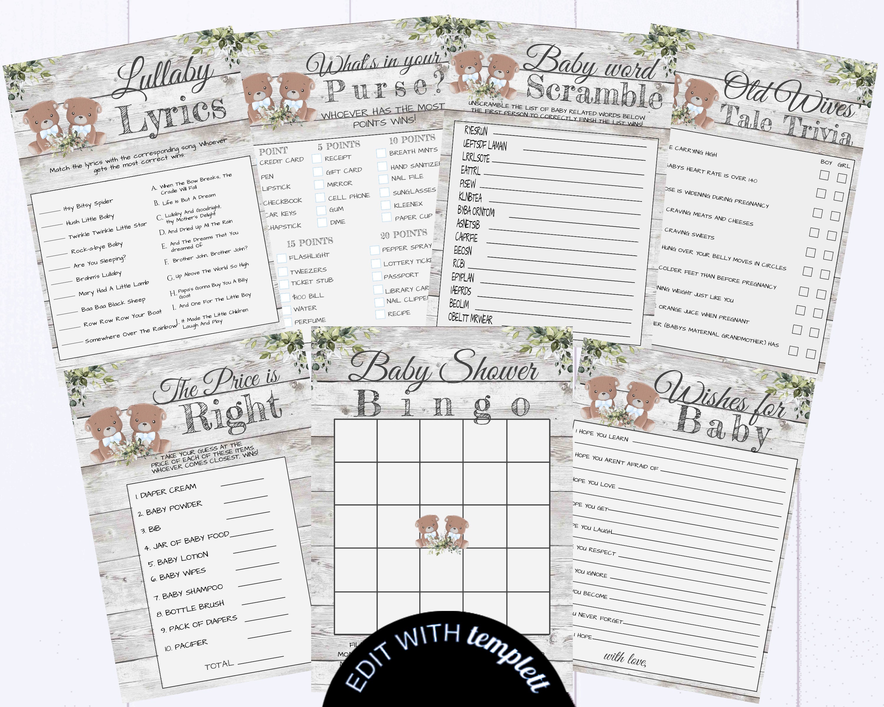 Twin Bear Baby Shower Games Printable Baby Shower Games Package Baby ...