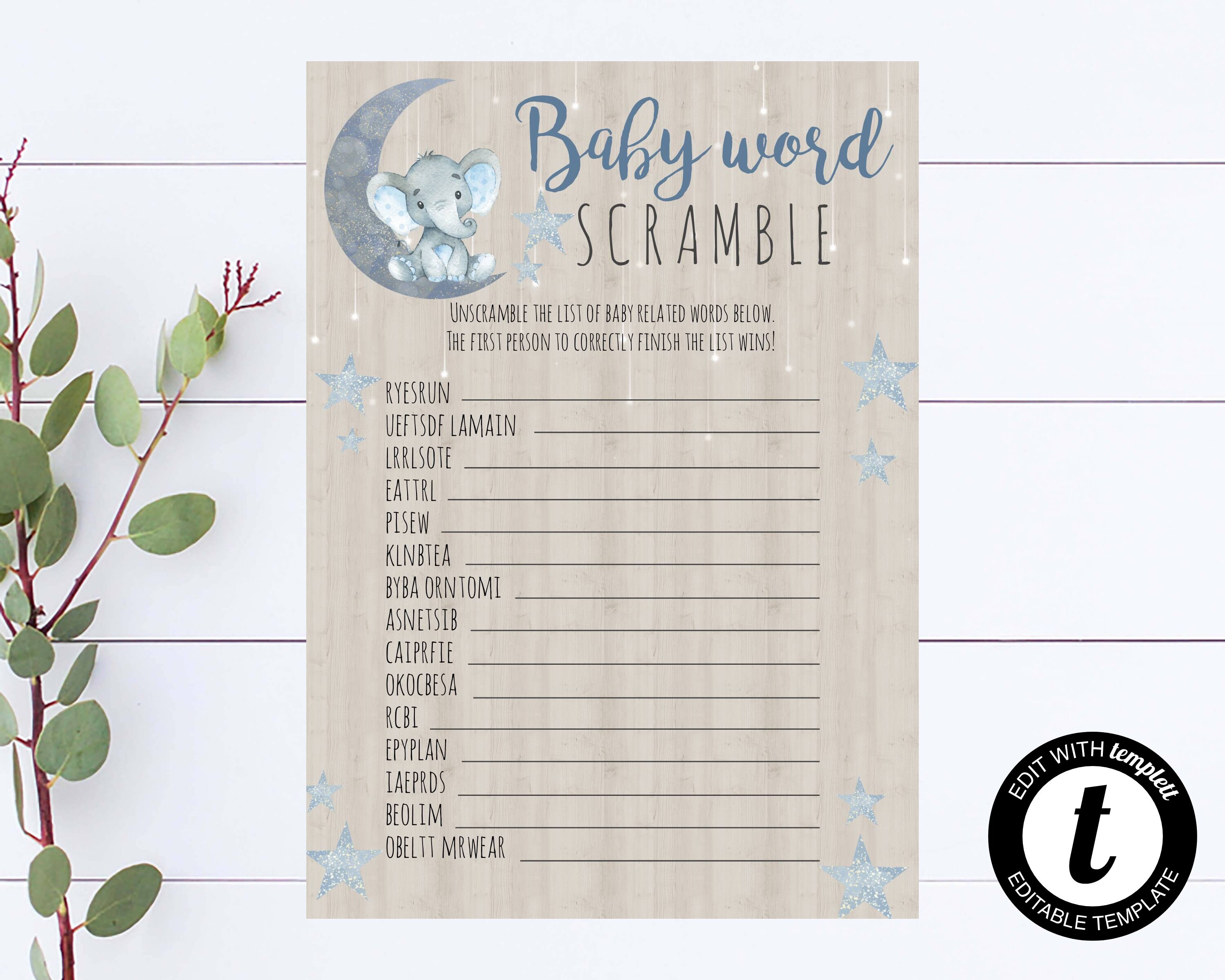Elephant Baby Shower Baby Word Scramble Game Printable Baby Shower Baby ...