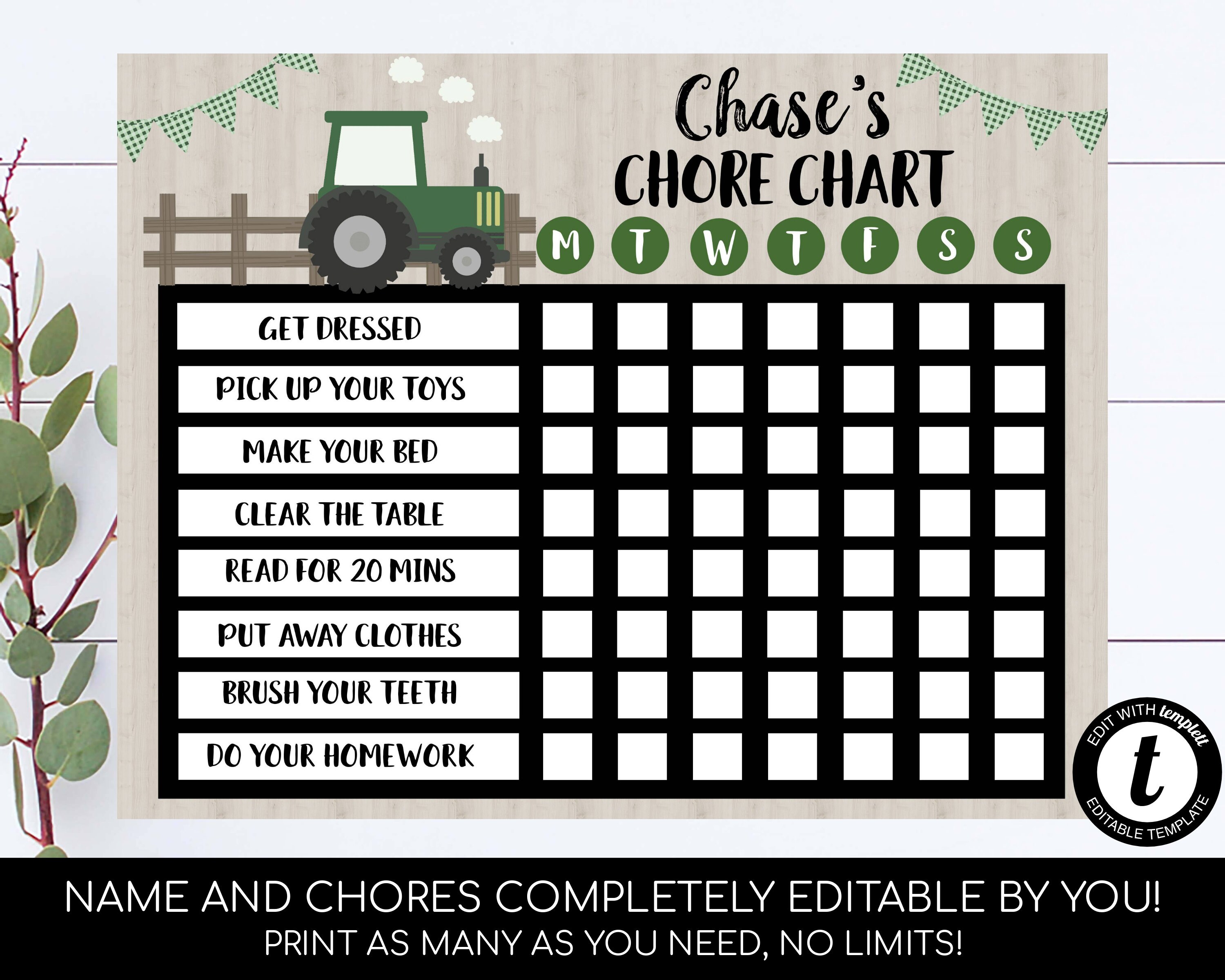 Tractor Chore Chart Editable Kids Chore Chart Reward Chart For Kids ...