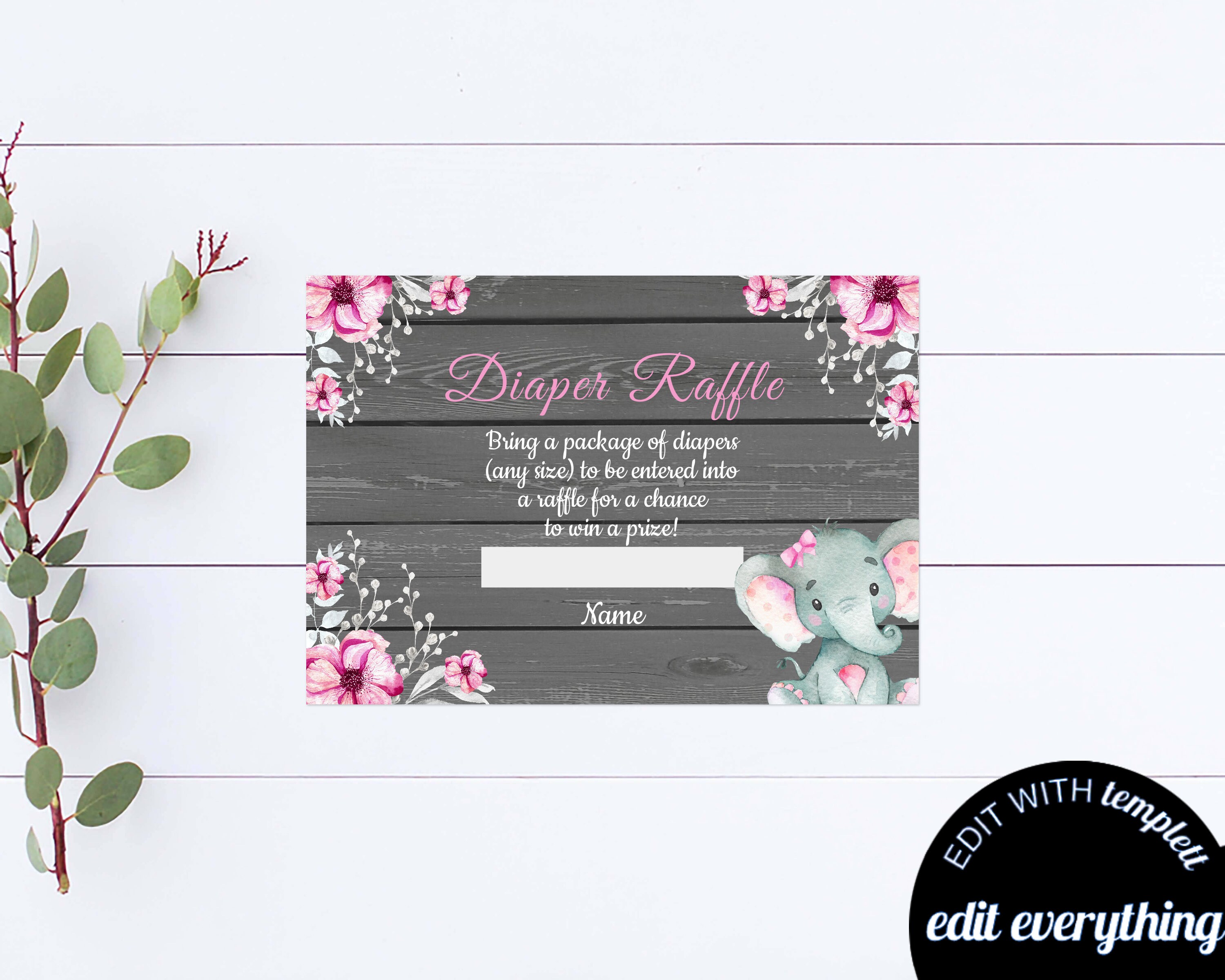 Diaper Raffle Baby Shower Ticket Elephant Baby Shower Diaper Raffle ...