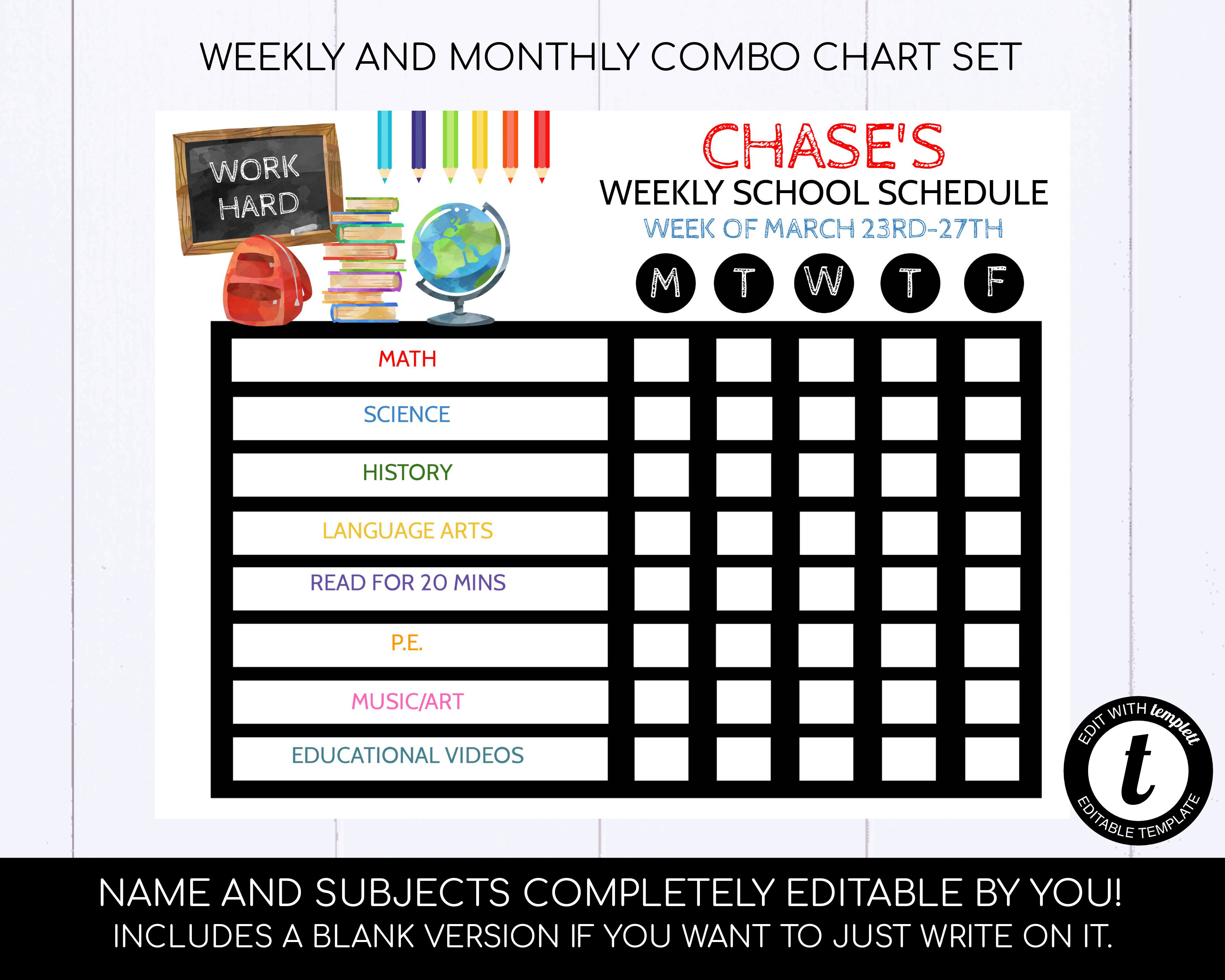 Editable School Schedule Planner Customizable Kids Weekly Task List ...