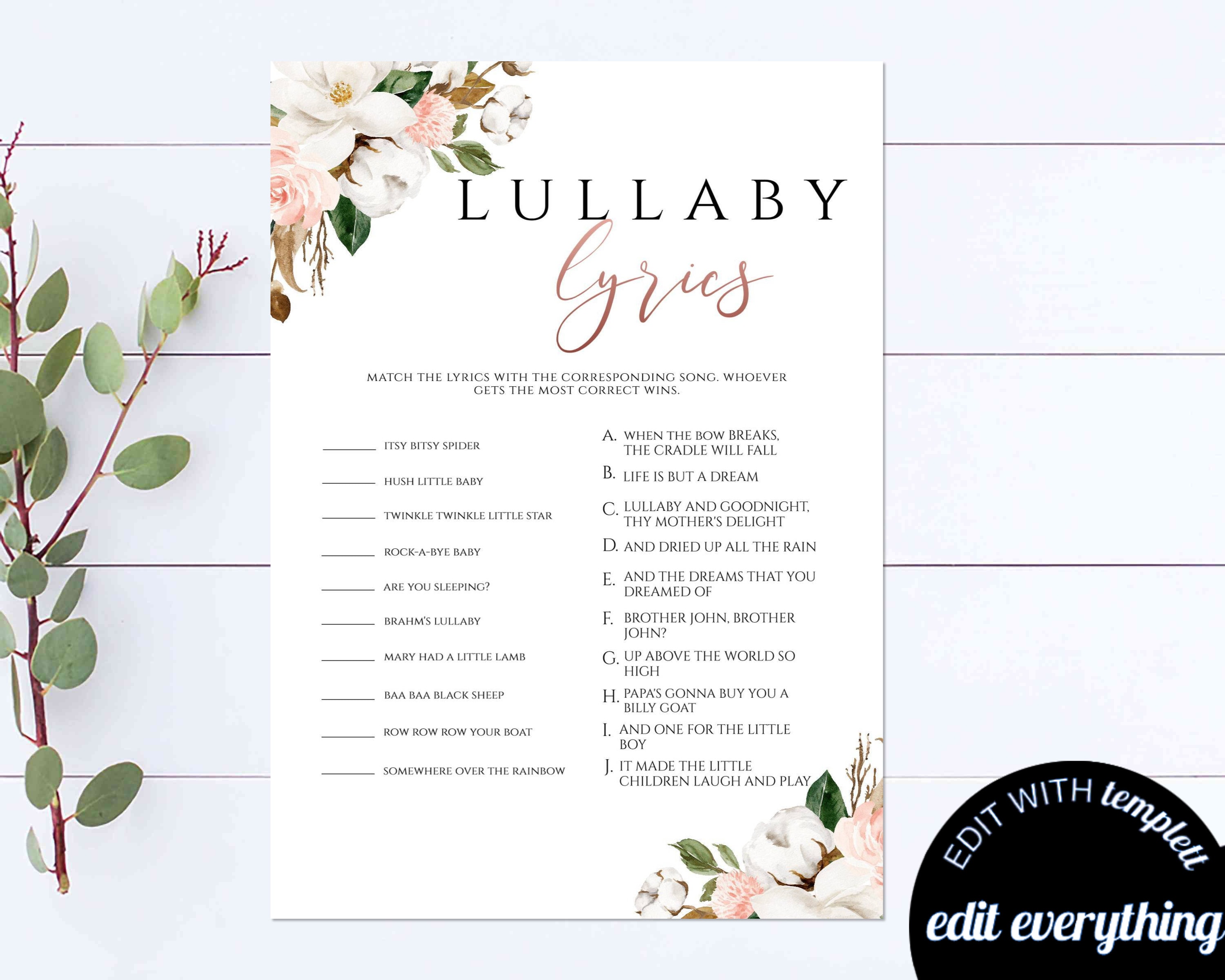 Lullaby Lyric Baby Shower Game Rose Gold Baby Shower Lullaby Lyric ...