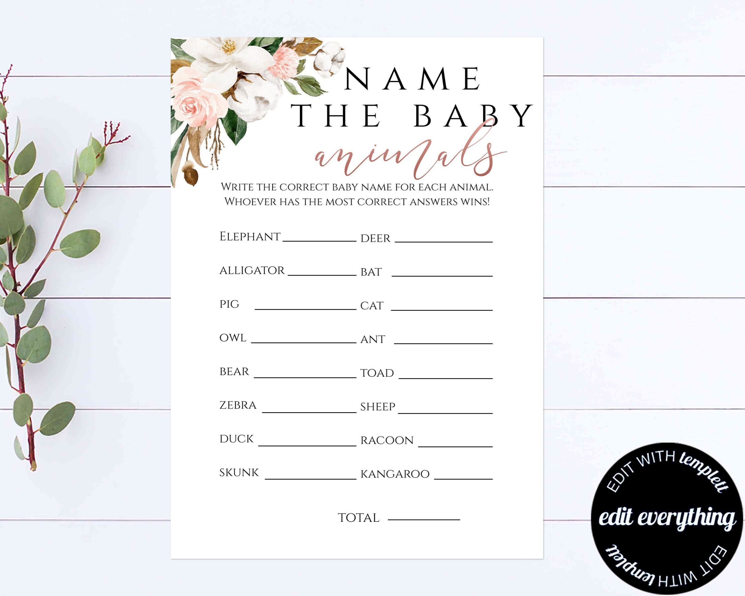 Floral Baby Shower Name The Baby Animal Game Baby Shower Name The ...
