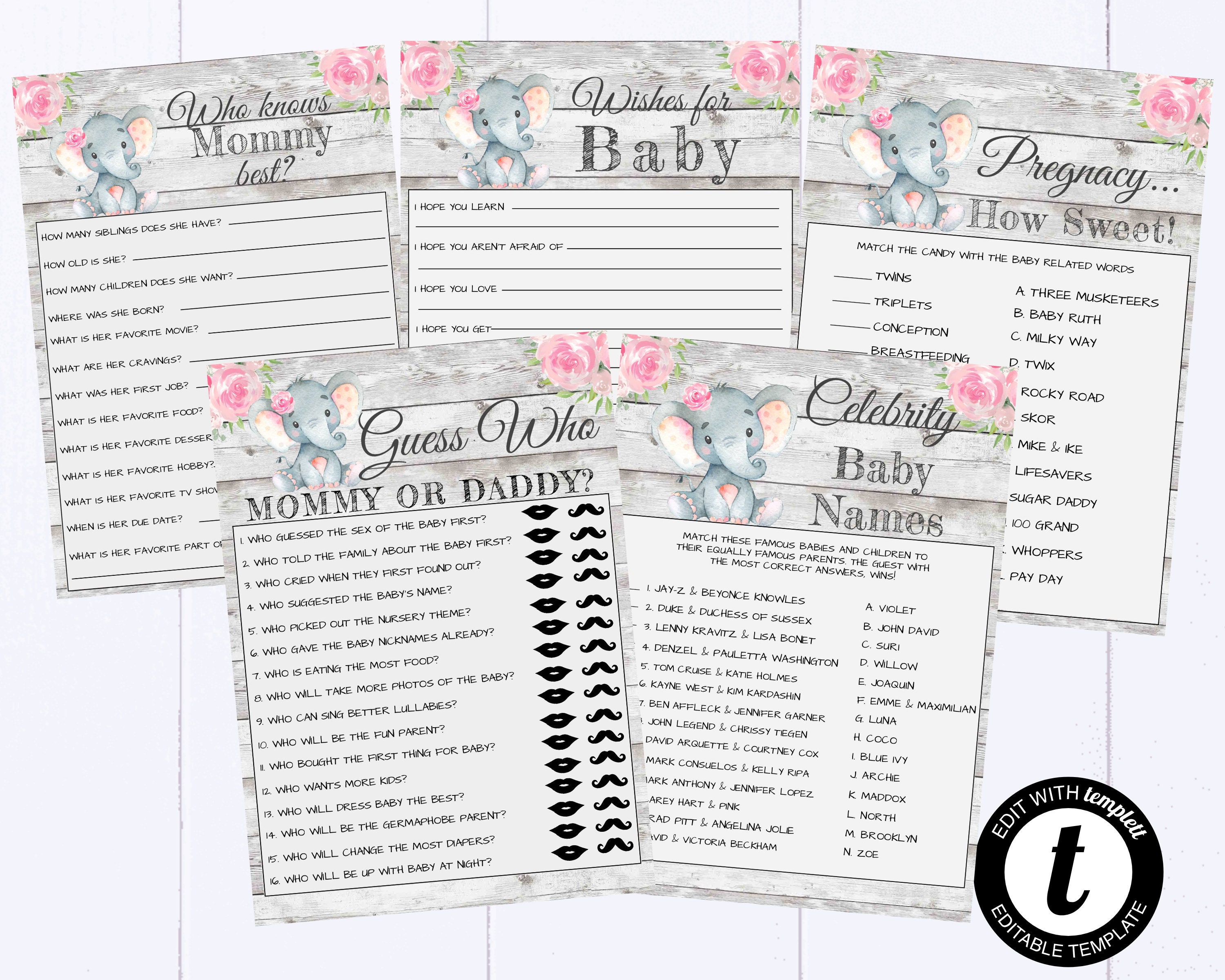 Pink Elephant Baby Shower Games Floral Baby Shower Games Package Baby ...
