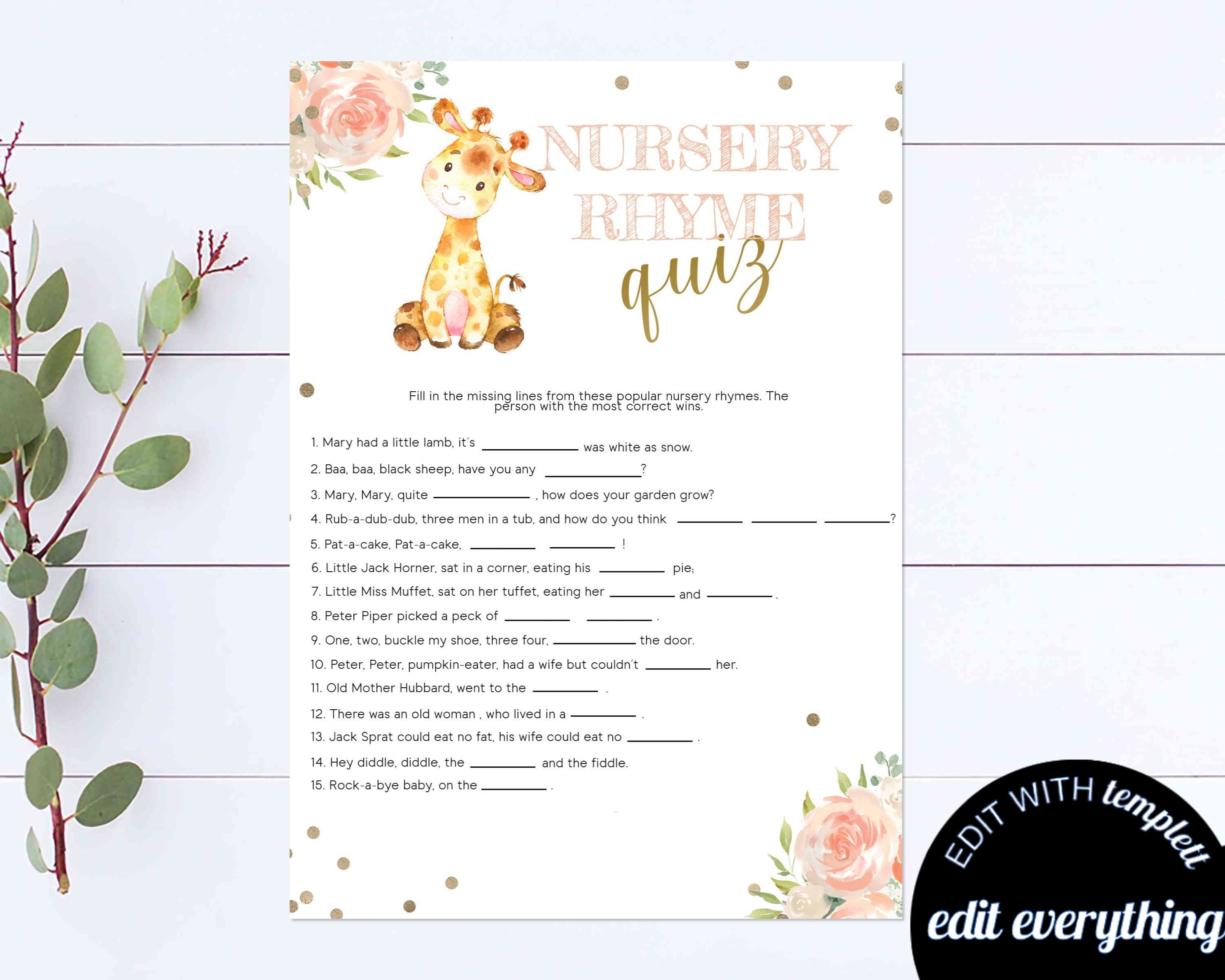 Giraffe Nursery Rhyme Quiz Baby Shower Game Pink Floral Baby Shower ...