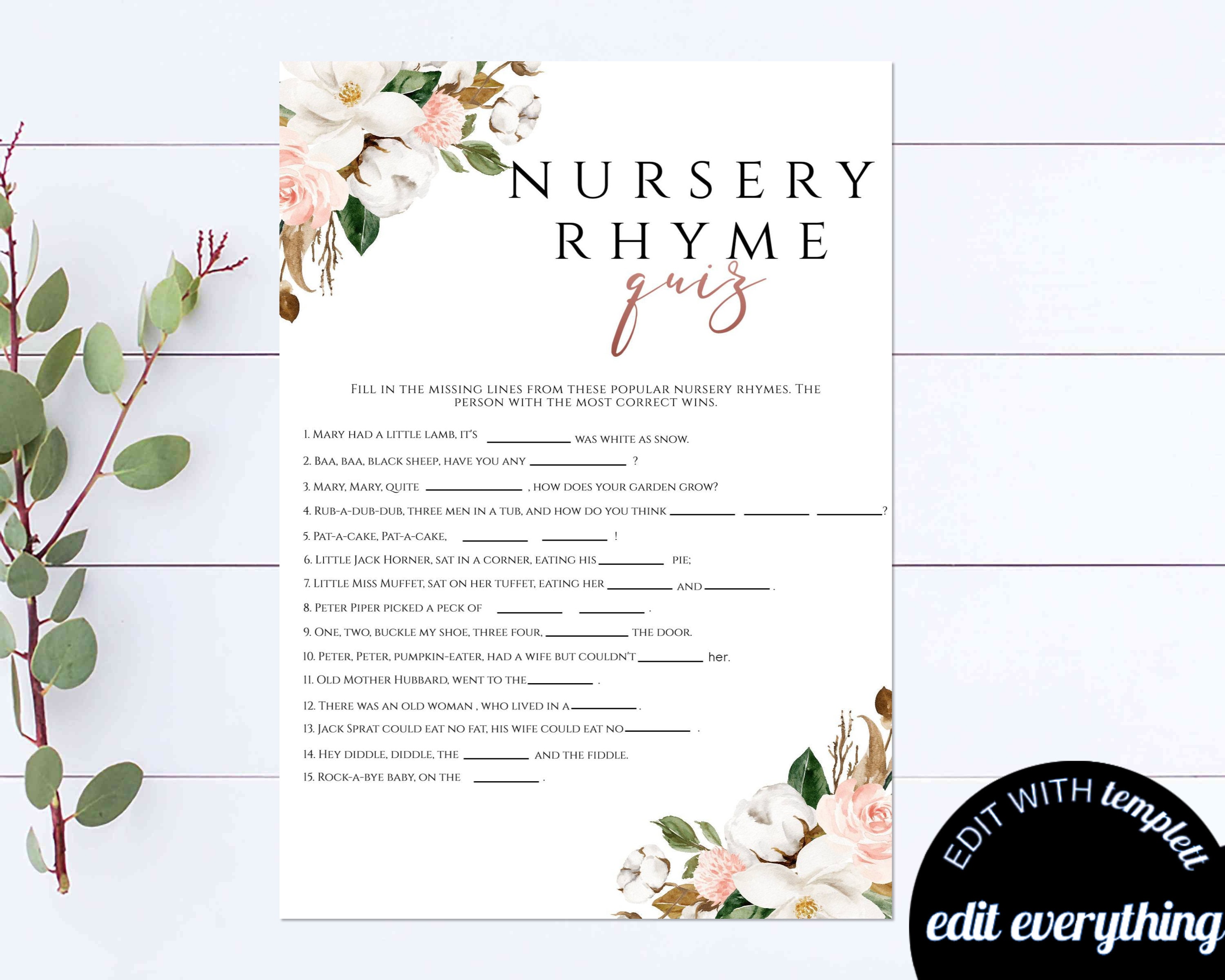 Rose Gold Nursery Rhyme Quiz Baby Shower Game Magnolia Baby Shower ...