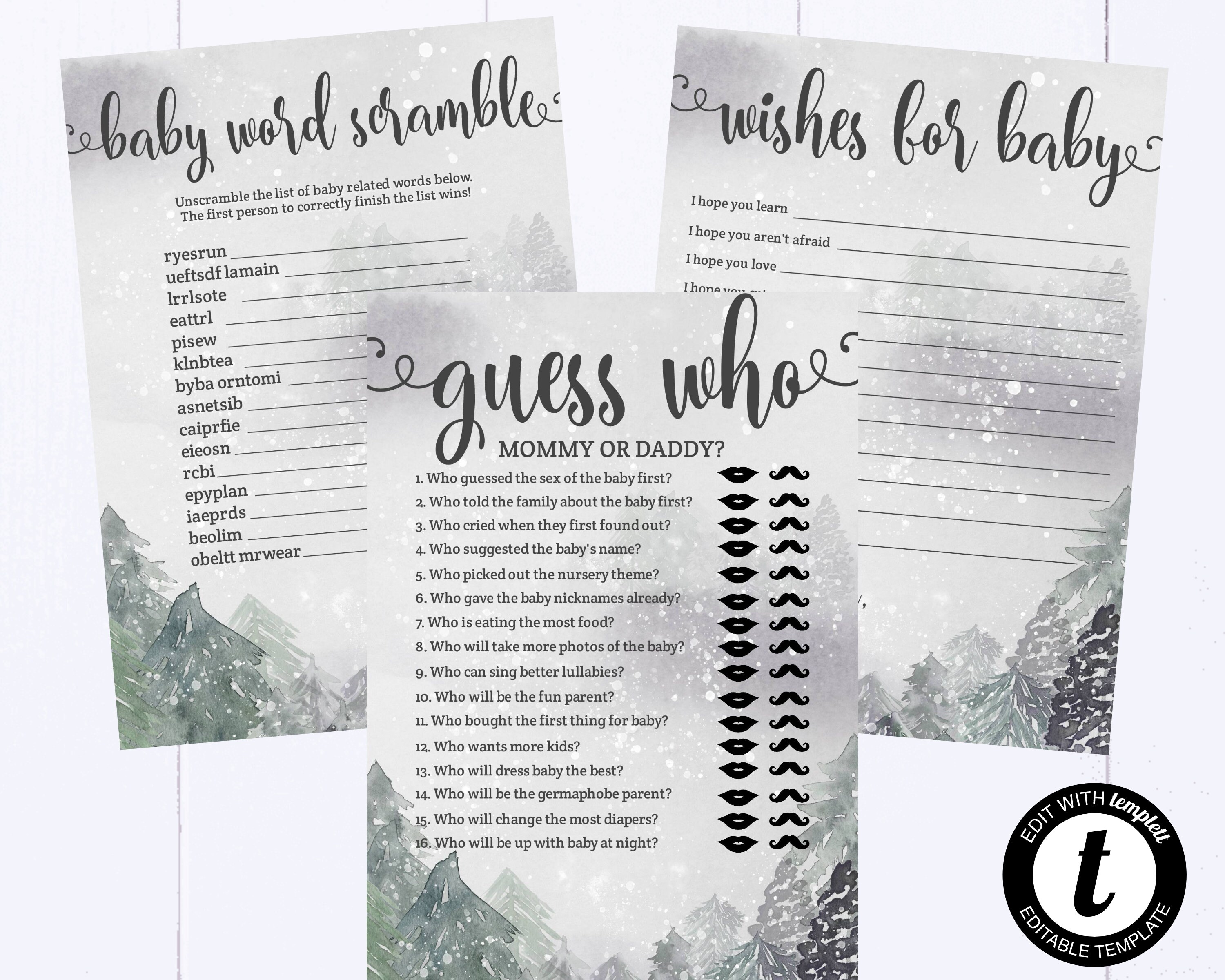 Winter Baby Shower Games Printable Baby Shower Games Package Woodland ...