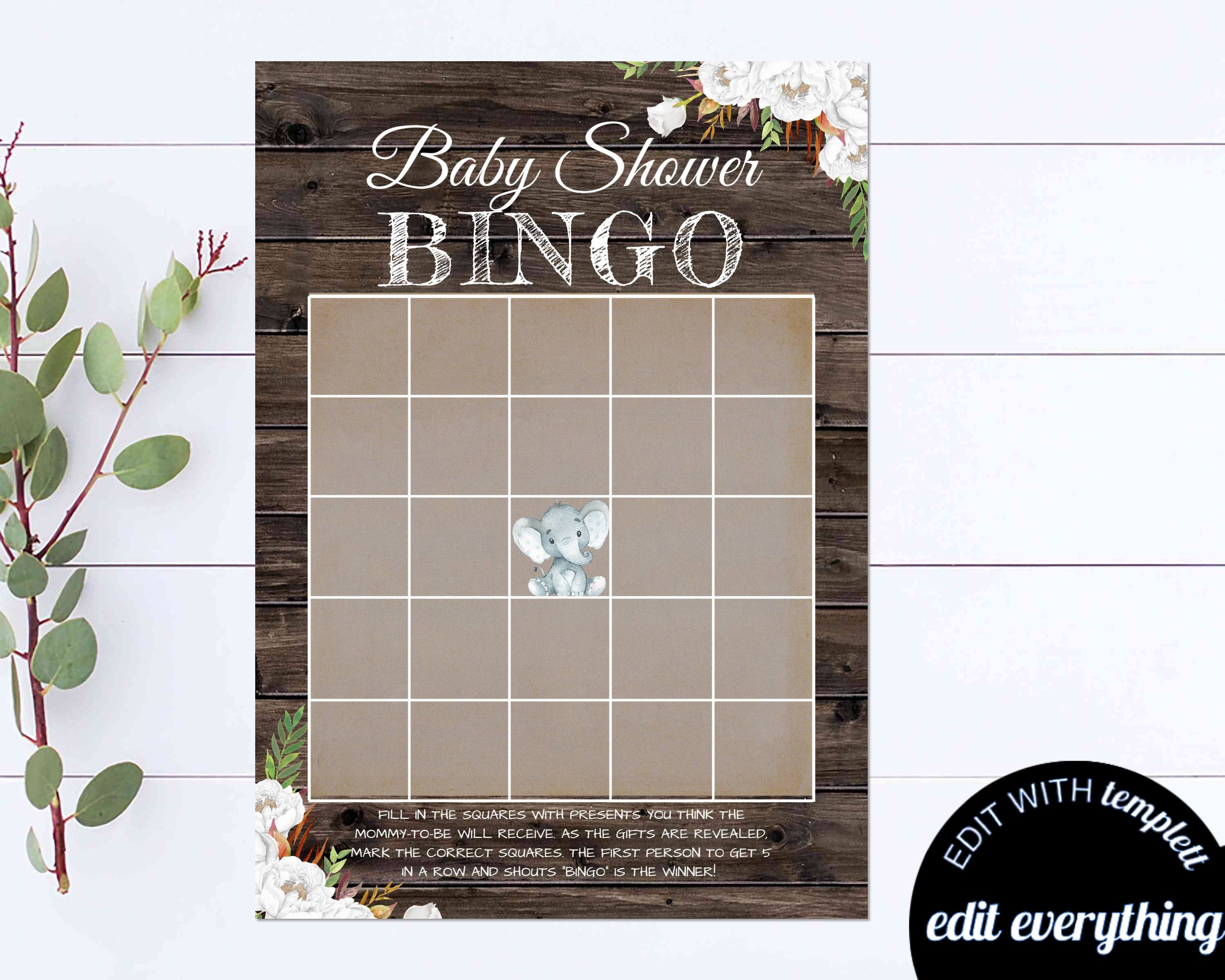 Elephant Baby Shower Bingo Game Baby Shower Bingo Activity Elephant ...