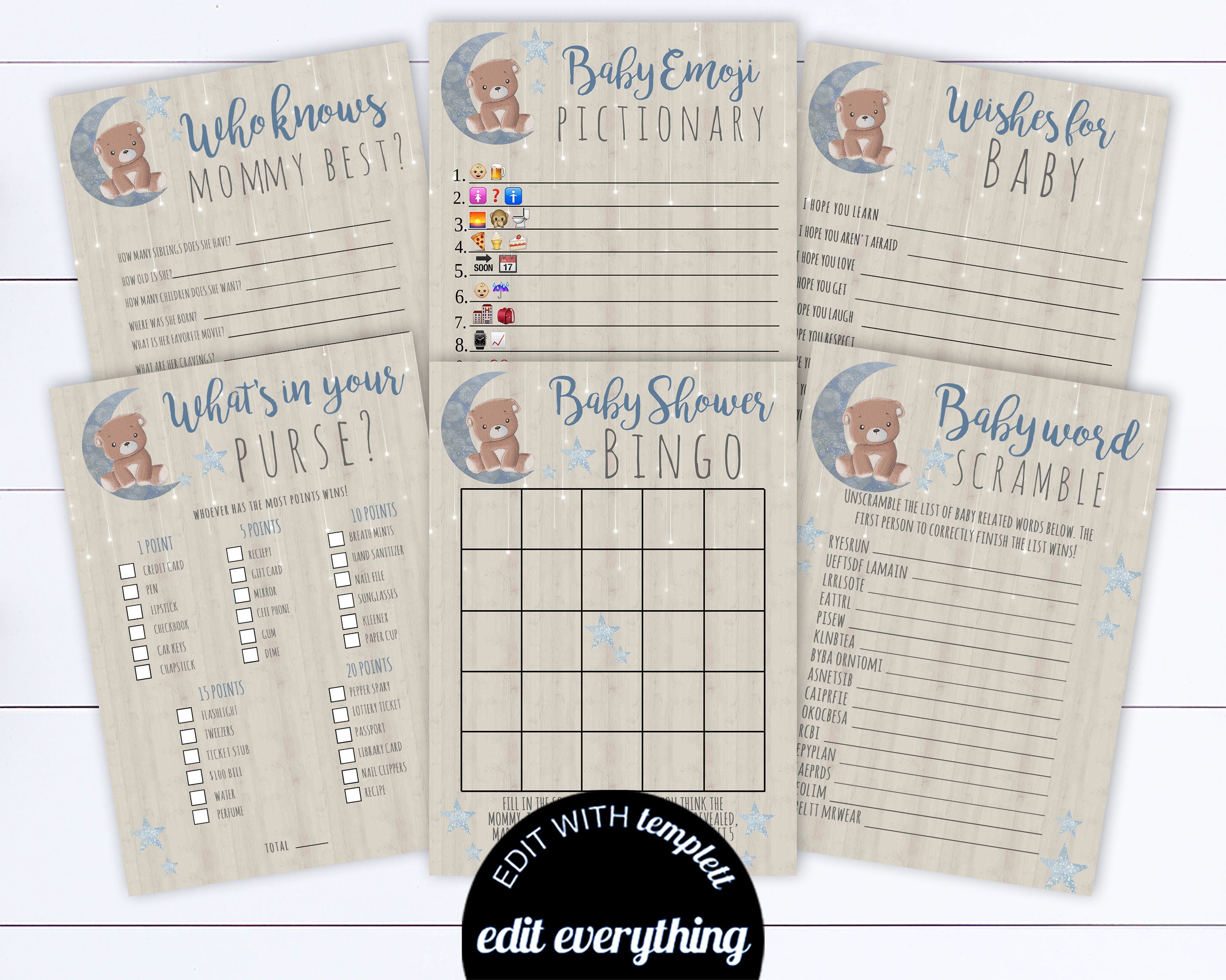Bear Baby Shower Games Printable Blue Baby Shower Games Package Baby ...