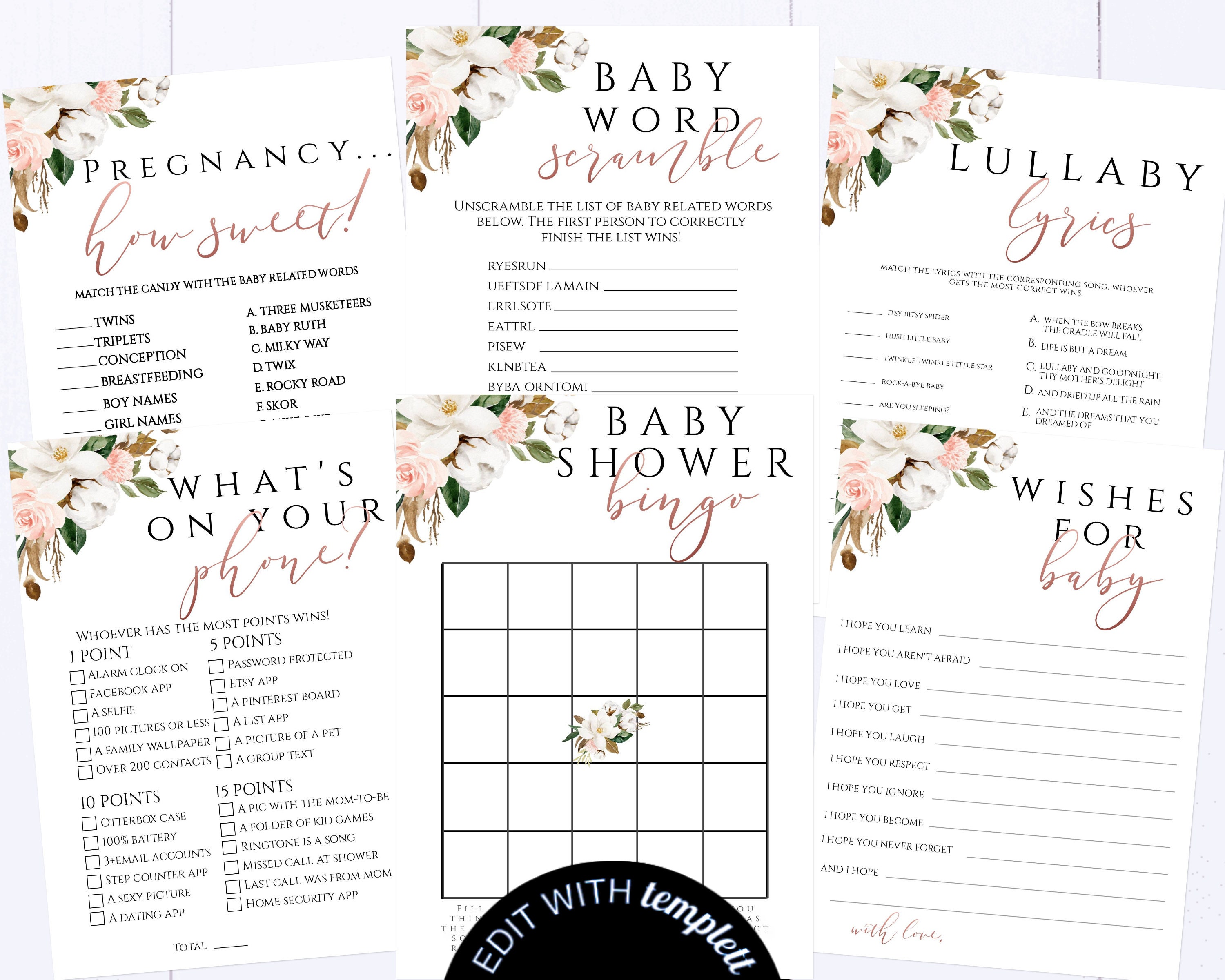 Rose Gold Baby Shower Games Floral Magnolia Baby Shower Games Package ...