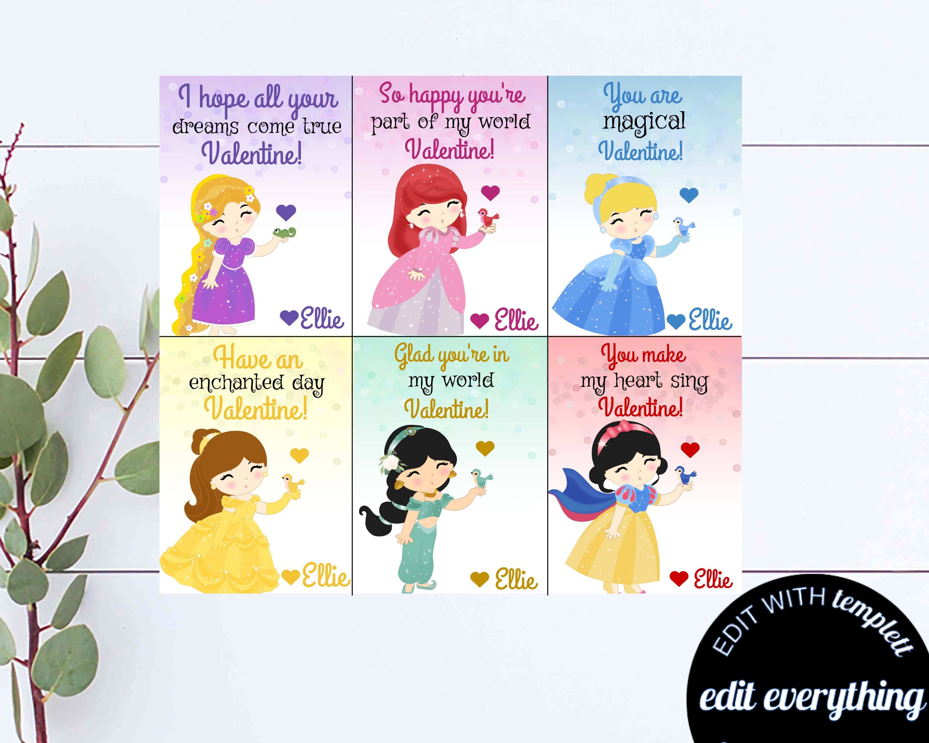 Princess Valentines Cards Editable And Personalized Princess Valentine ...