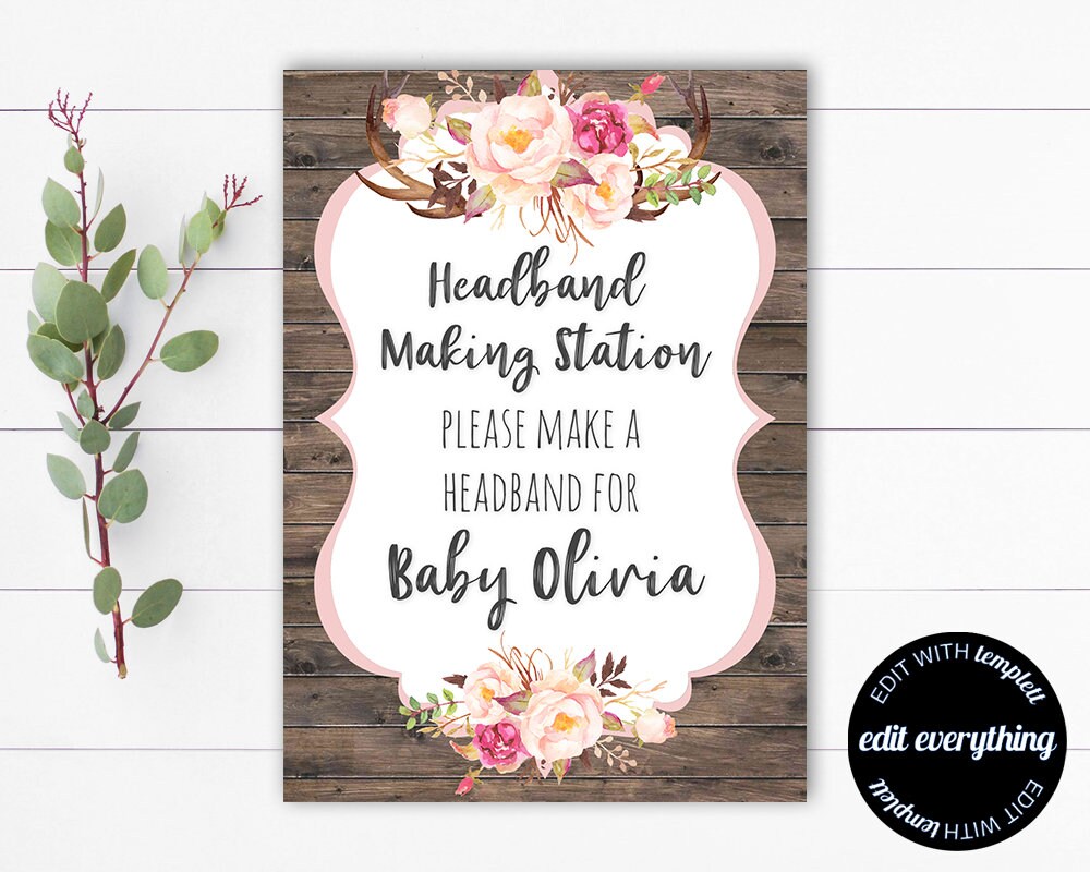 Floral Baby Shower Headband Station Sign Floral Baby Shower Headband ...