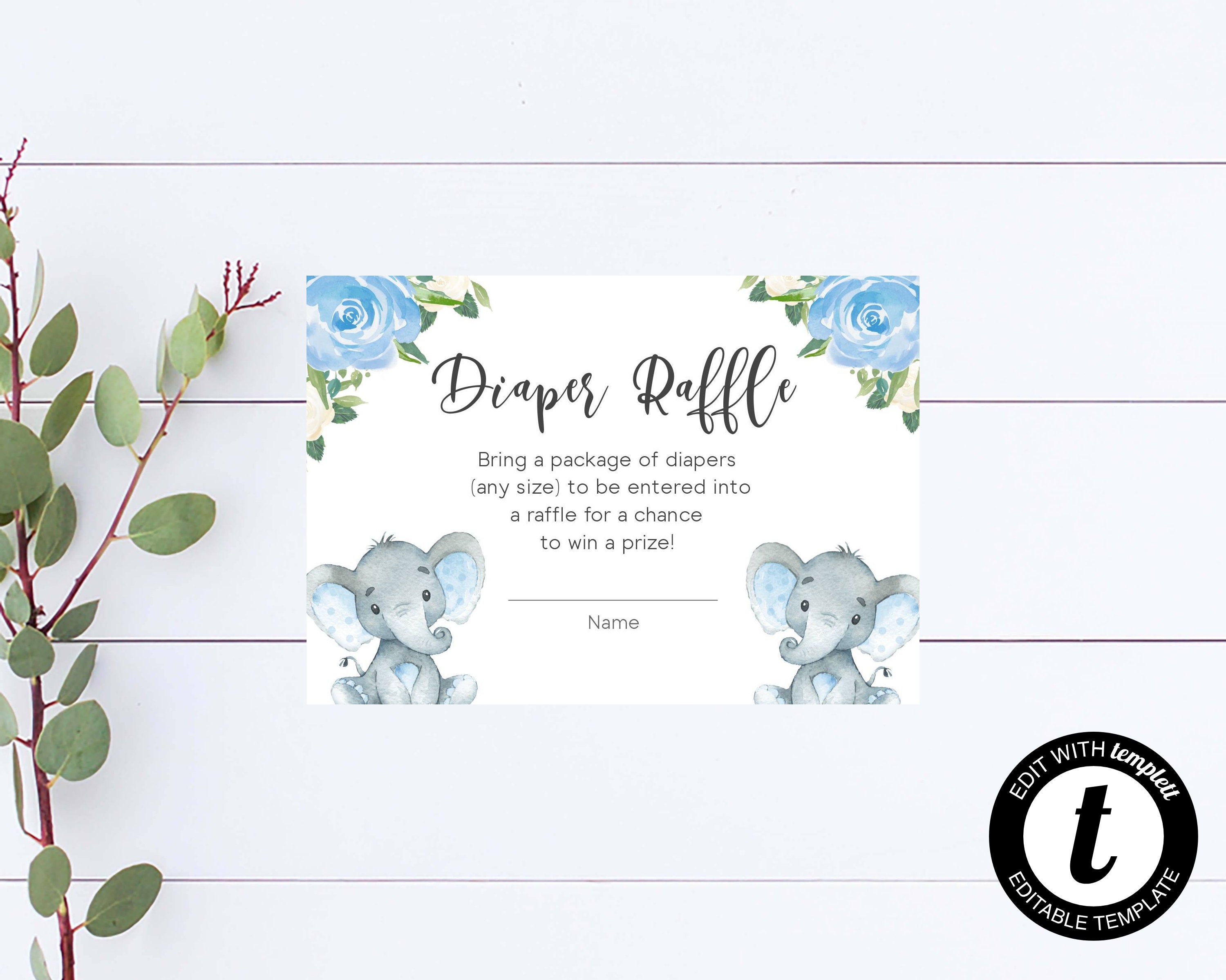 Elephant Diaper Raffle Baby Shower Ticket Blue Floral Baby Shower ...