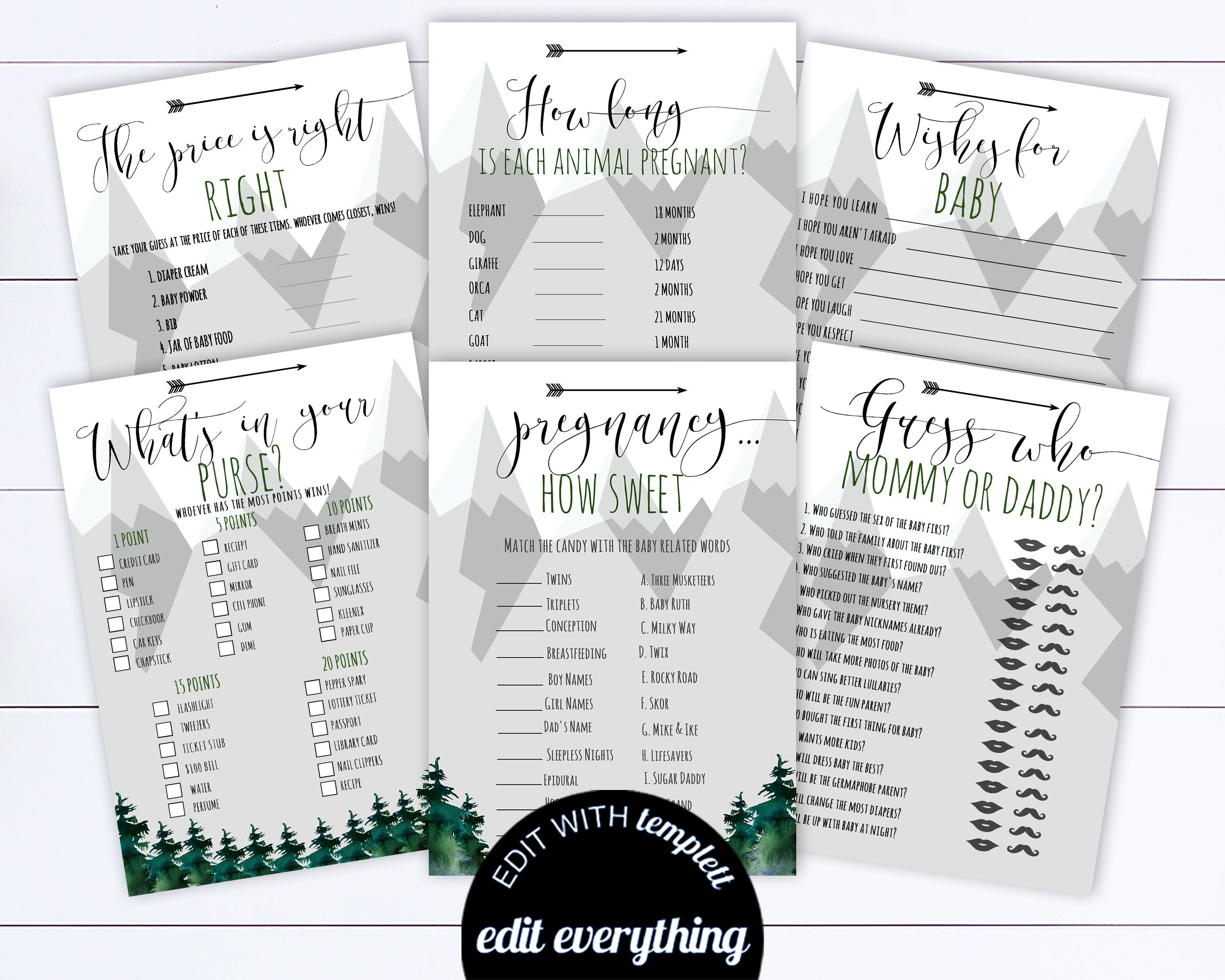 Adventure Awaits Shower Games Package Printable Woodland Baby Shower ...