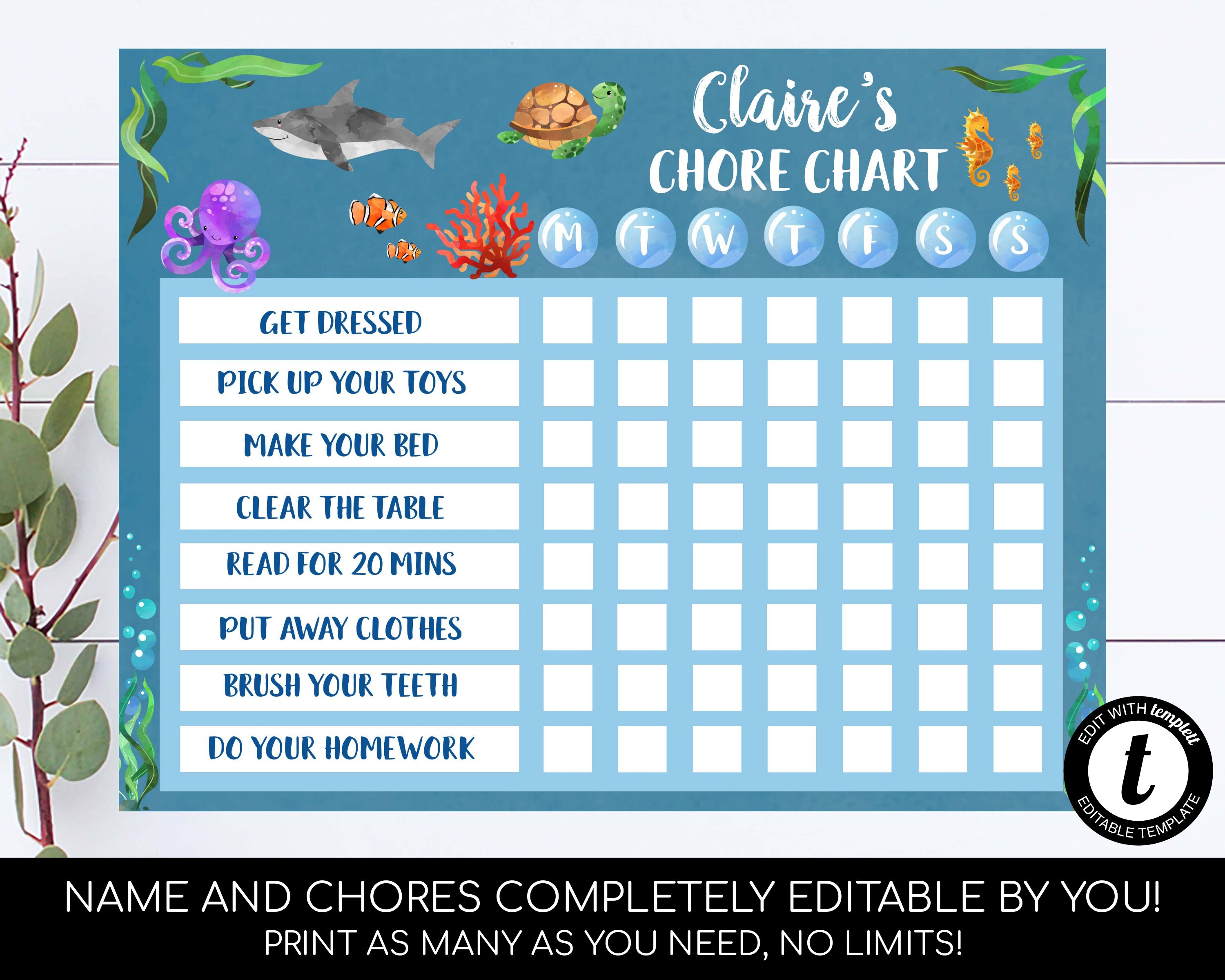 Ocean Chore Chart Editable Kids Chore Chart Reward Chart For Kids Under ...