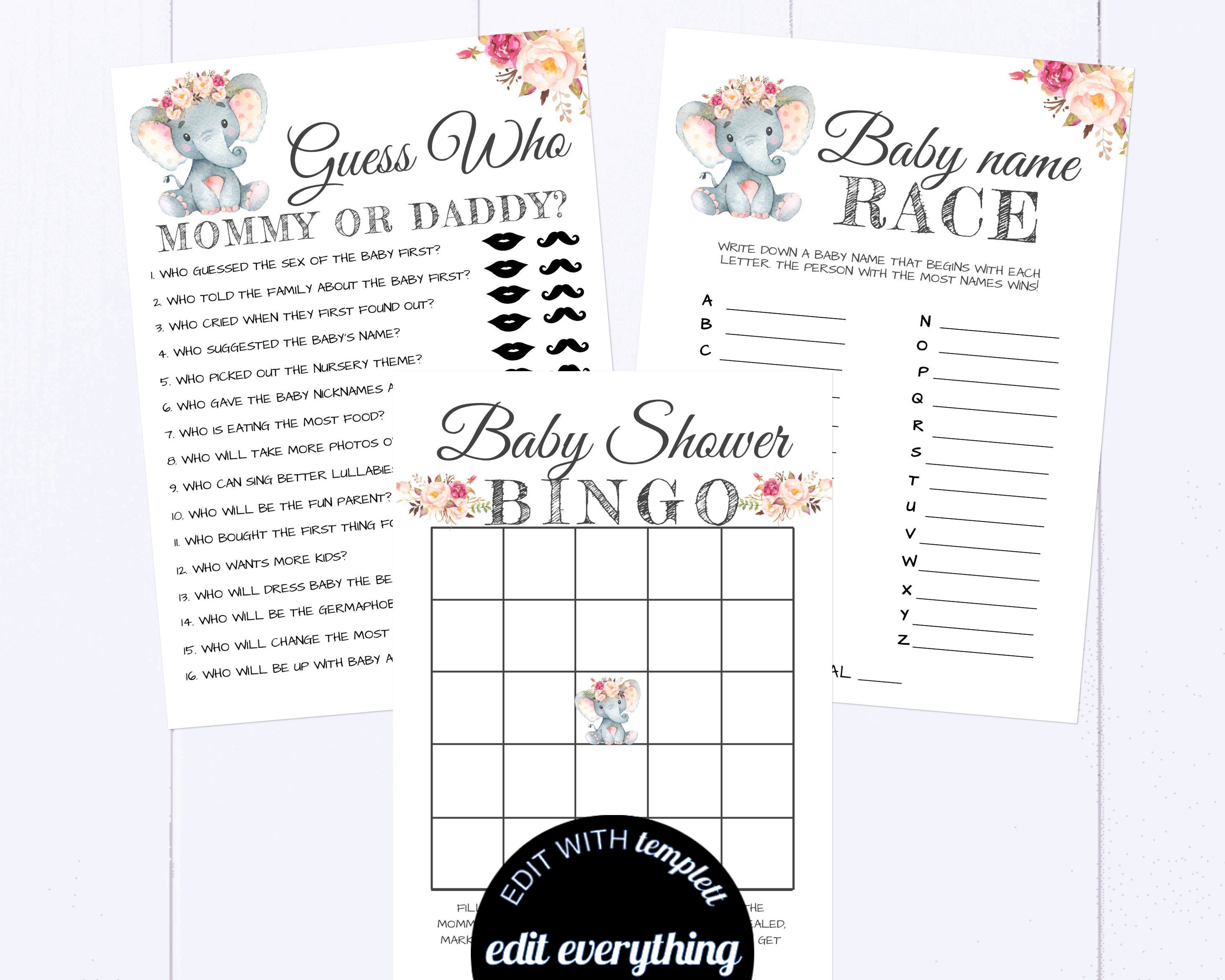 Pink Elephant Baby Shower Games Floral Baby Shower Games Package Baby ...