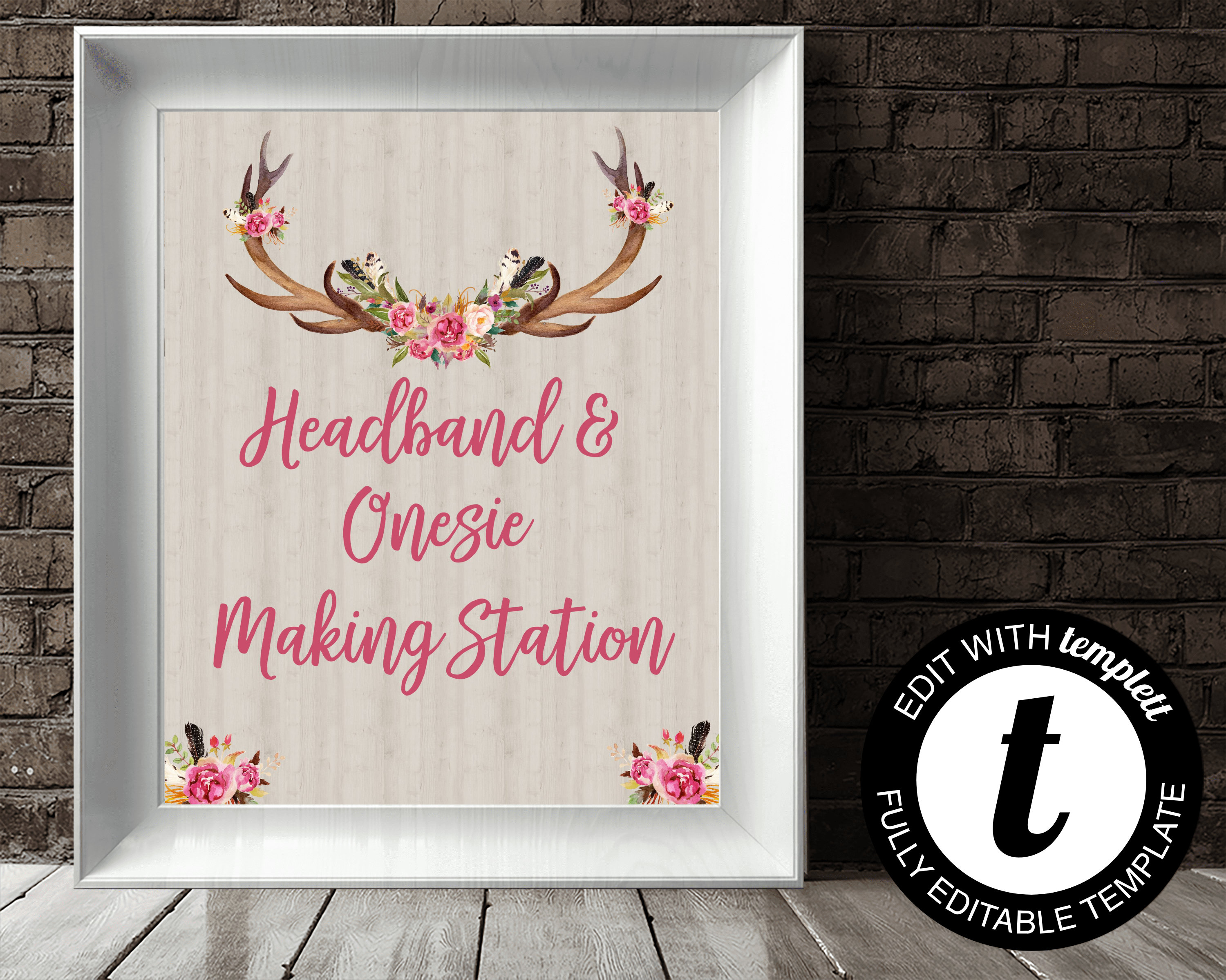 Boho Floral Baby Shower Headband Station Sign Antler Shower Onesie ...