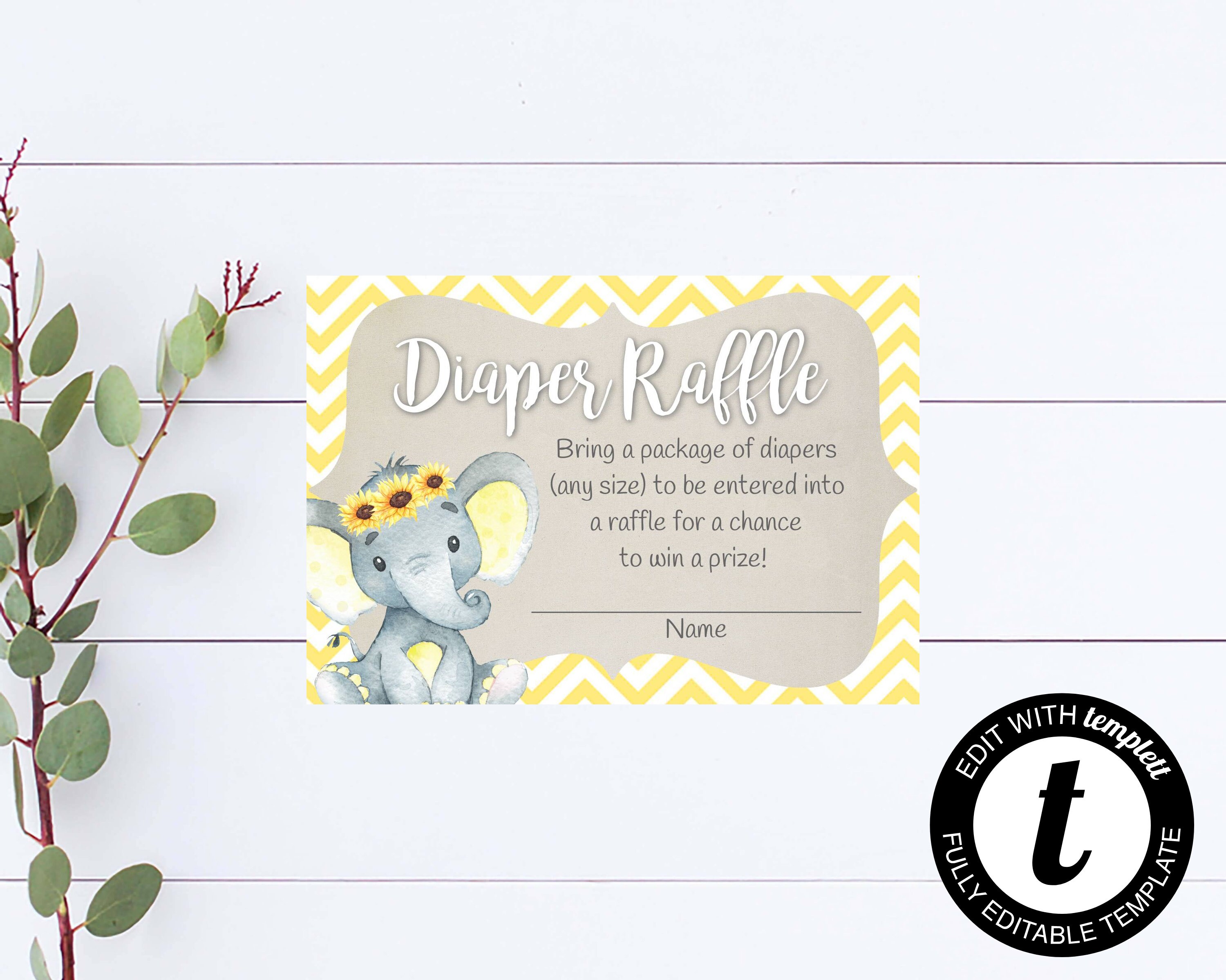 Sunflower Diaper Raffle Baby Shower Ticket Elephant Baby Shower Diaper ...