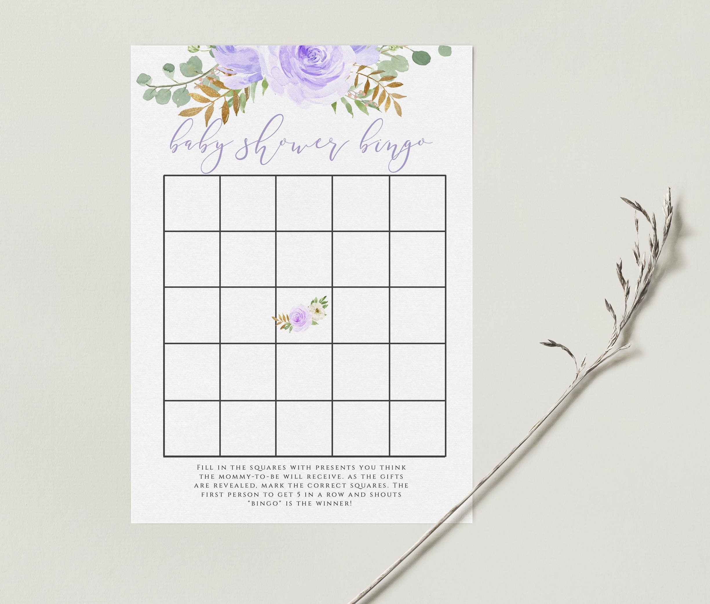 Purple Floral Baby Shower Bingo Game Baby Shower Bingo Activity Baby in ...