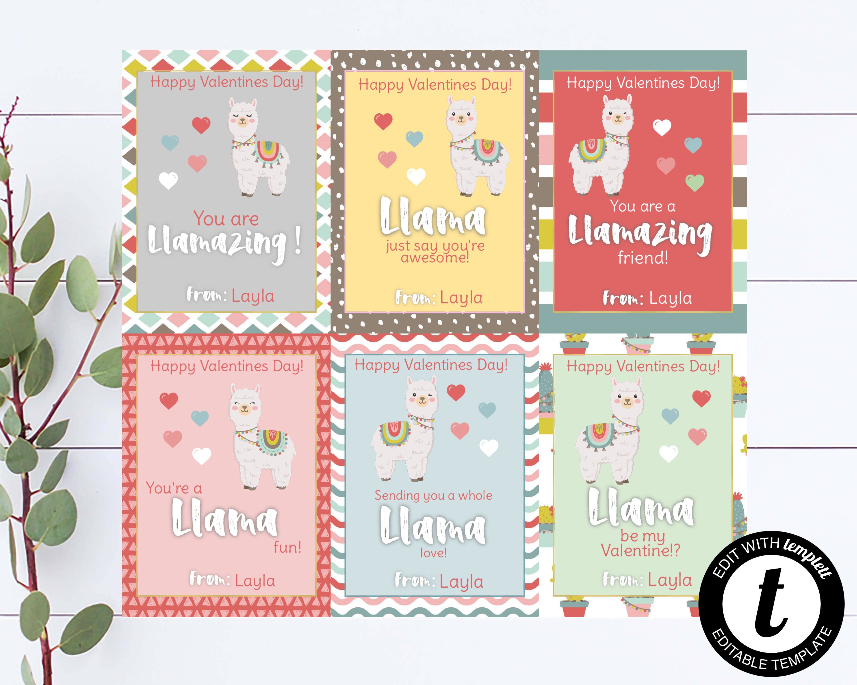 Llama Valentines Cards Editable And Personalized Kid Llama Valentine's ...