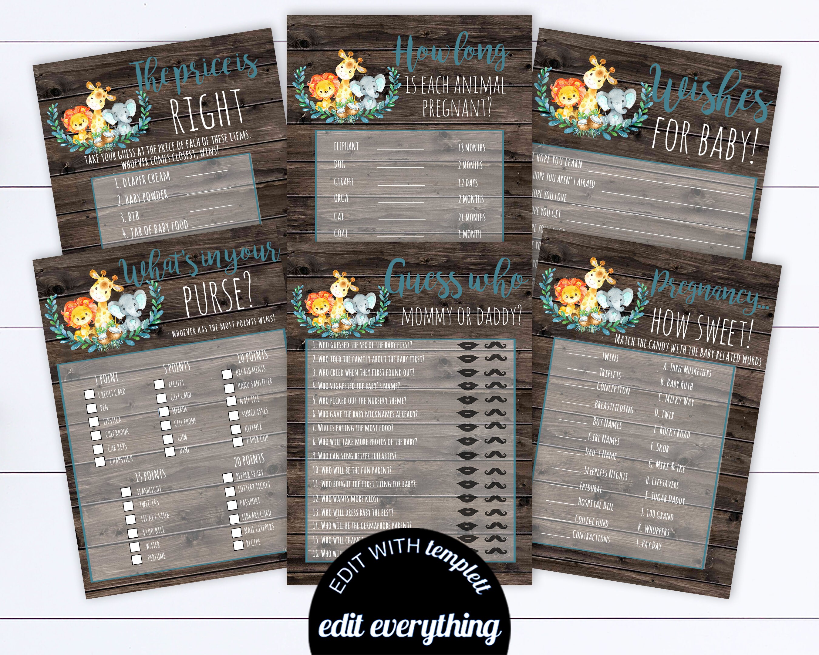 Safari Baby Shower Game Package Boy Jungle Animal Baby Shower Games ...