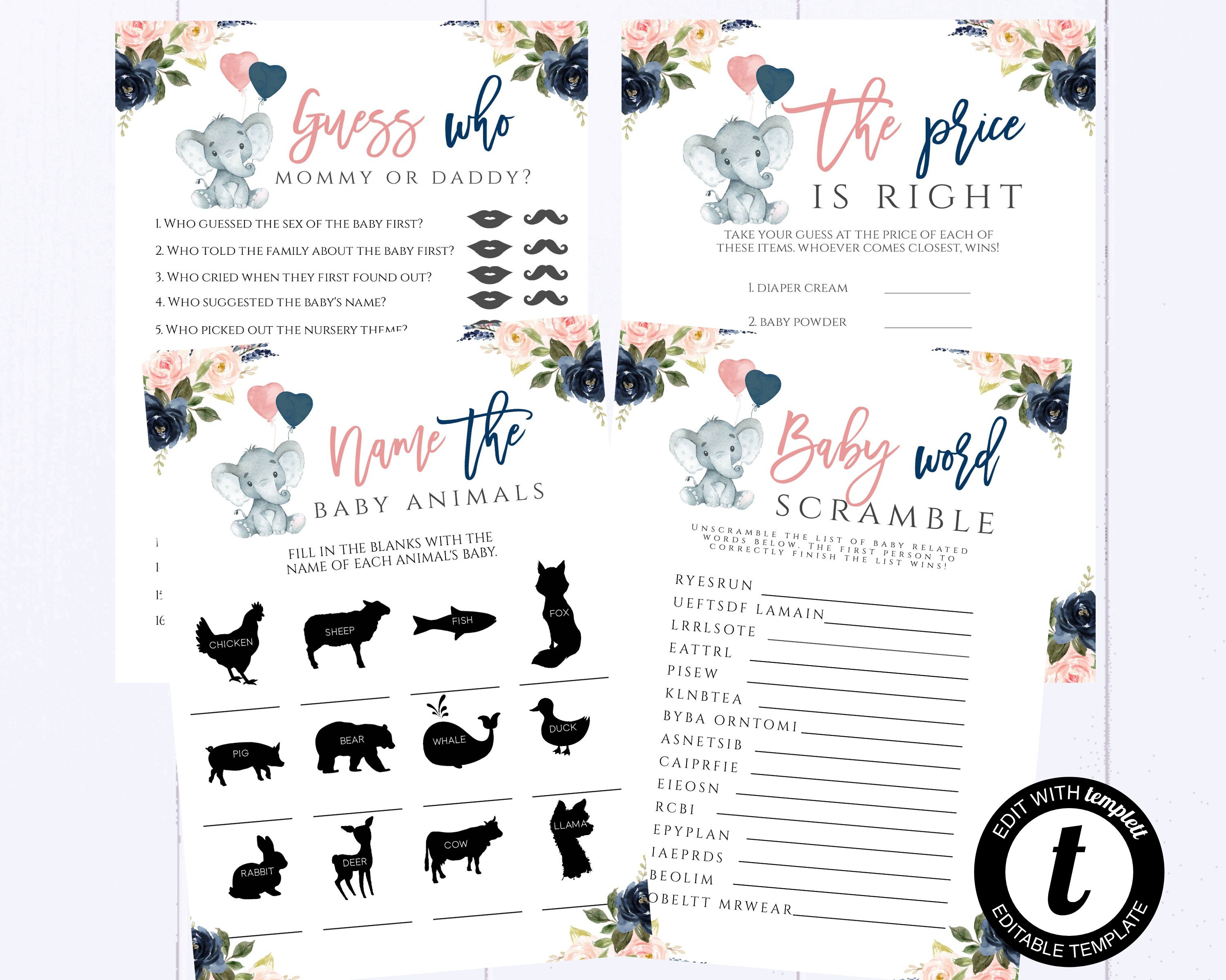 Pink And Blue Elephant Baby Shower Games Floral Baby Shower Game Set ...