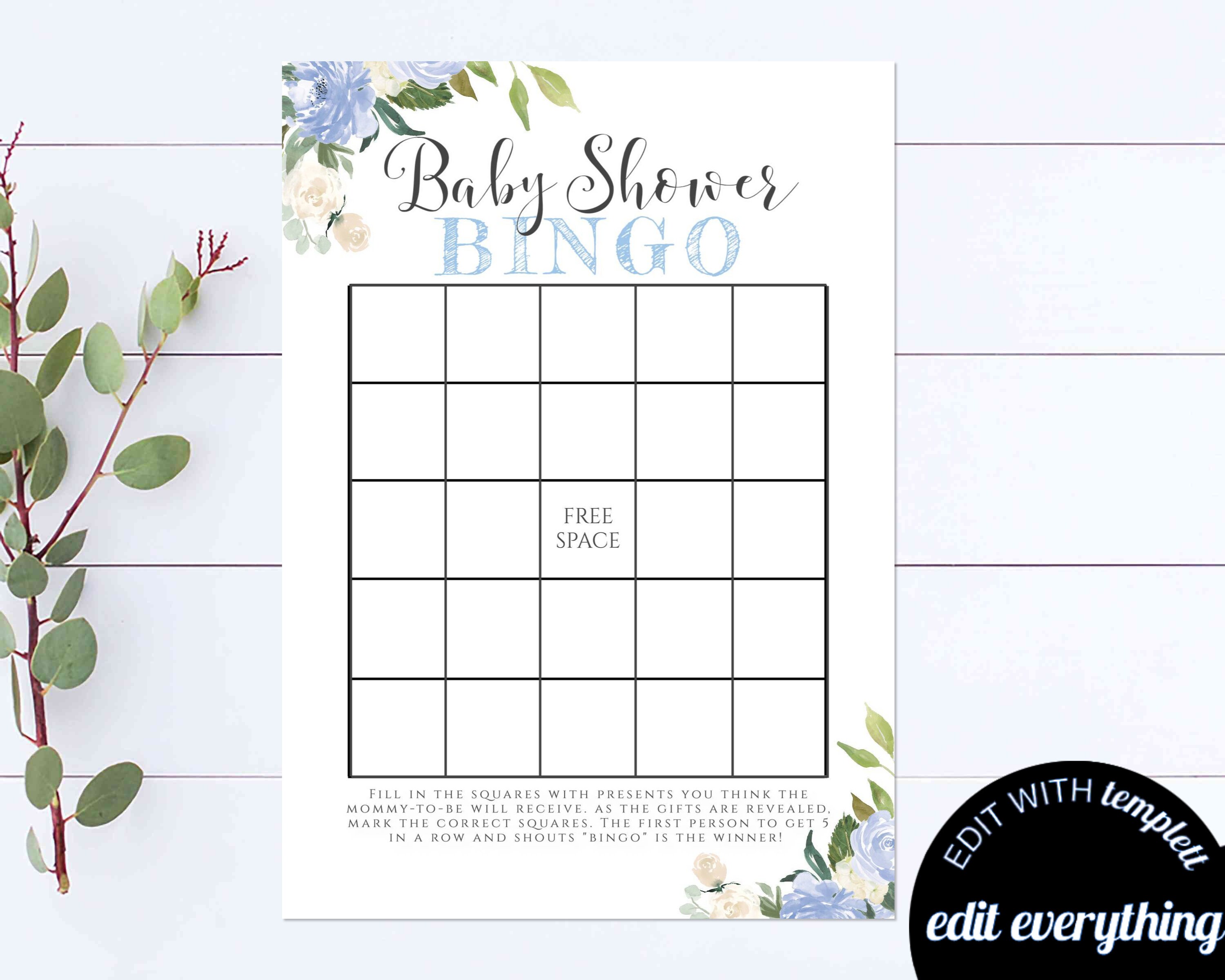 Blue Floral Baby Shower Bingo Game Baby Shower Bingo Activity Floral ...