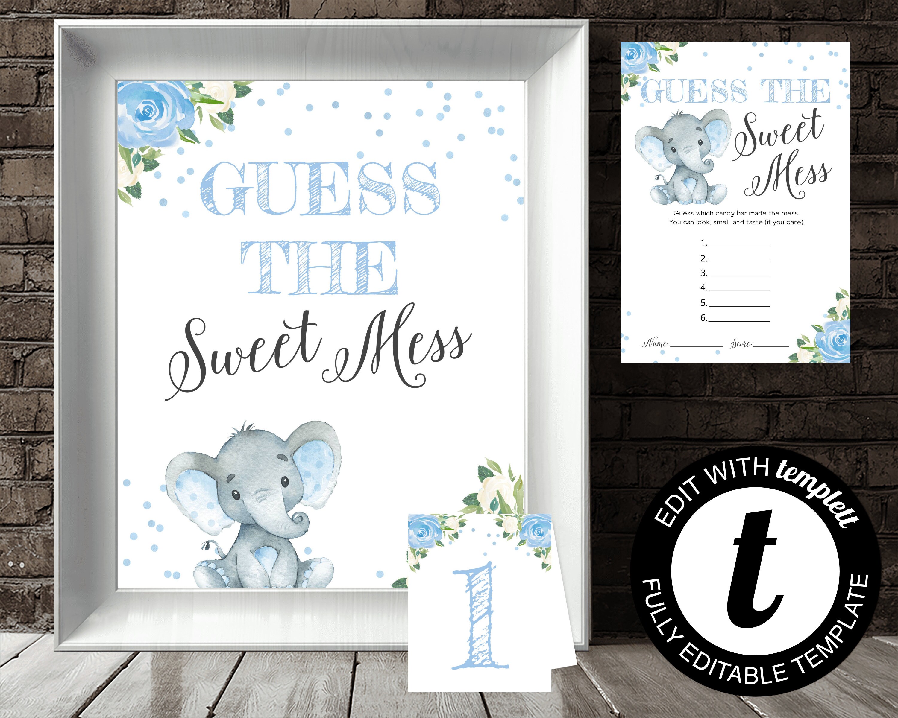 Elephant Guess The Sweet Mess Baby Shower Game Blue Elephant Baby ...