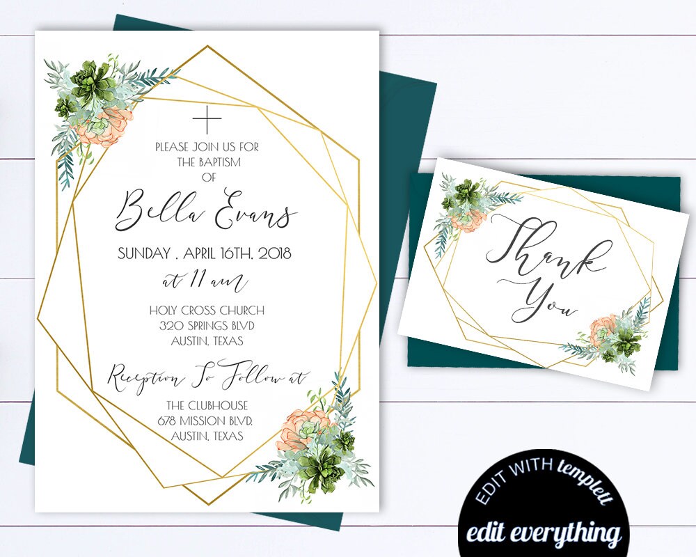 Geometric Baptism Invitation Greenery Baptism Invitation Floral Baptism ...
