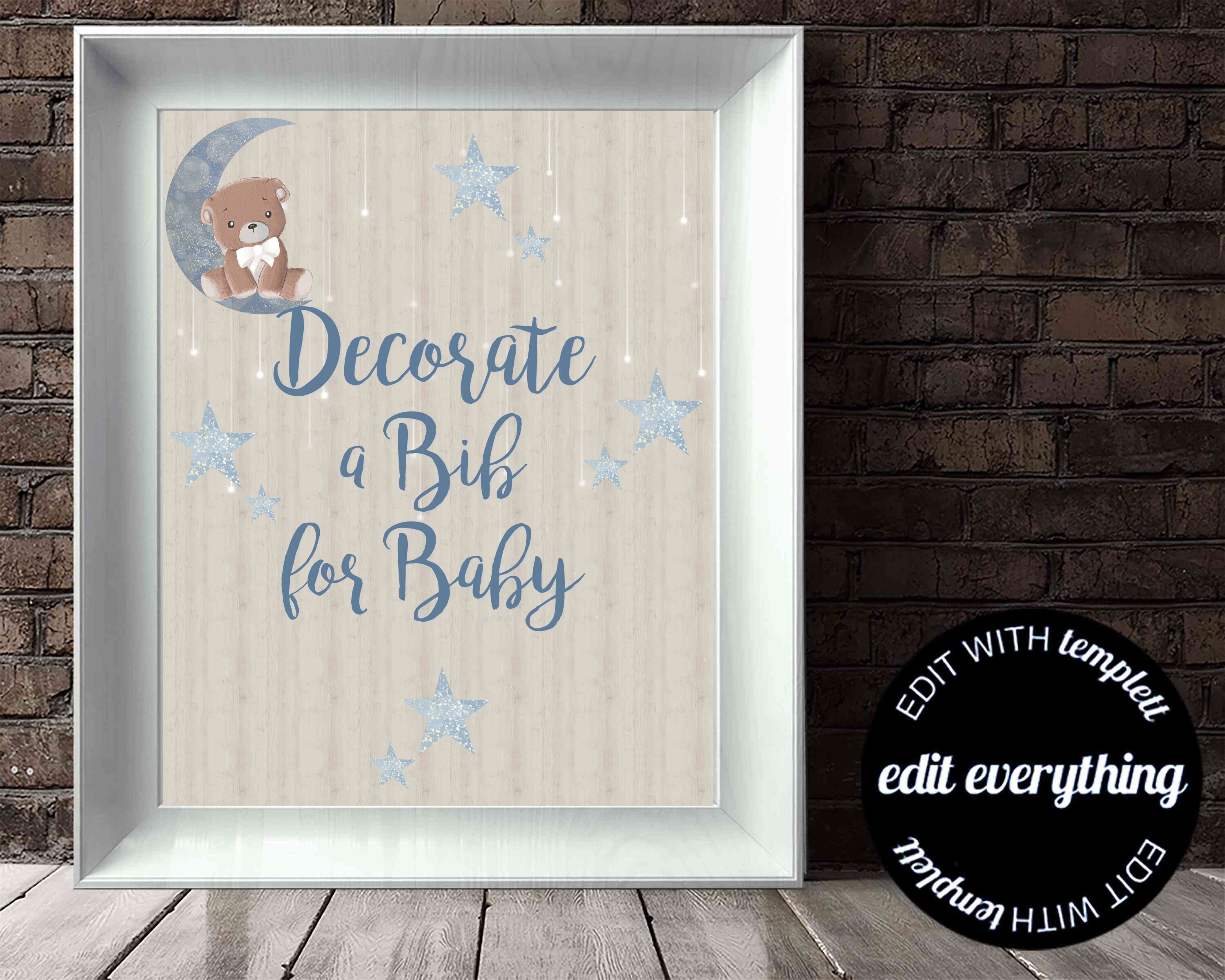 Bear Baby Shower Decorate A Bib Station Sign Blue Baby Baby Shower Bib ...