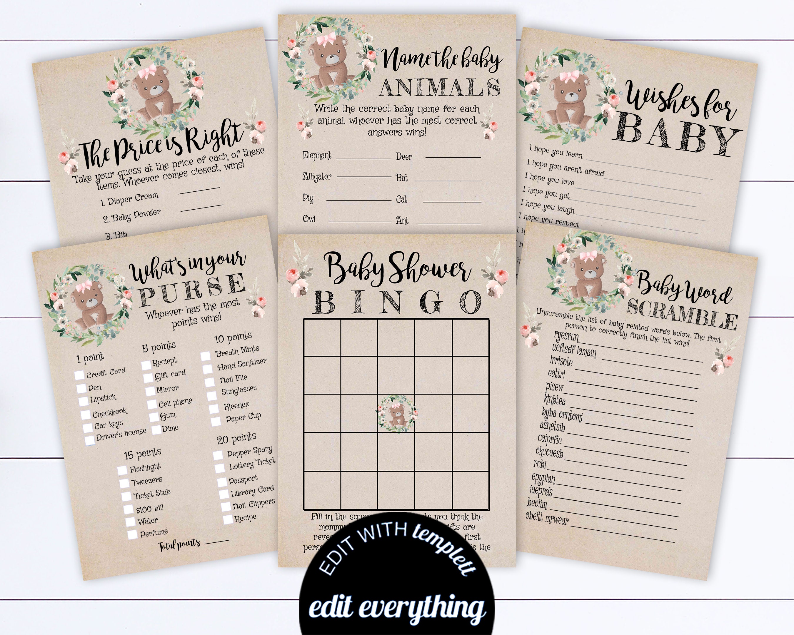 Bear Baby Shower Games Printable Baby Shower Games Package Baby Shower ...