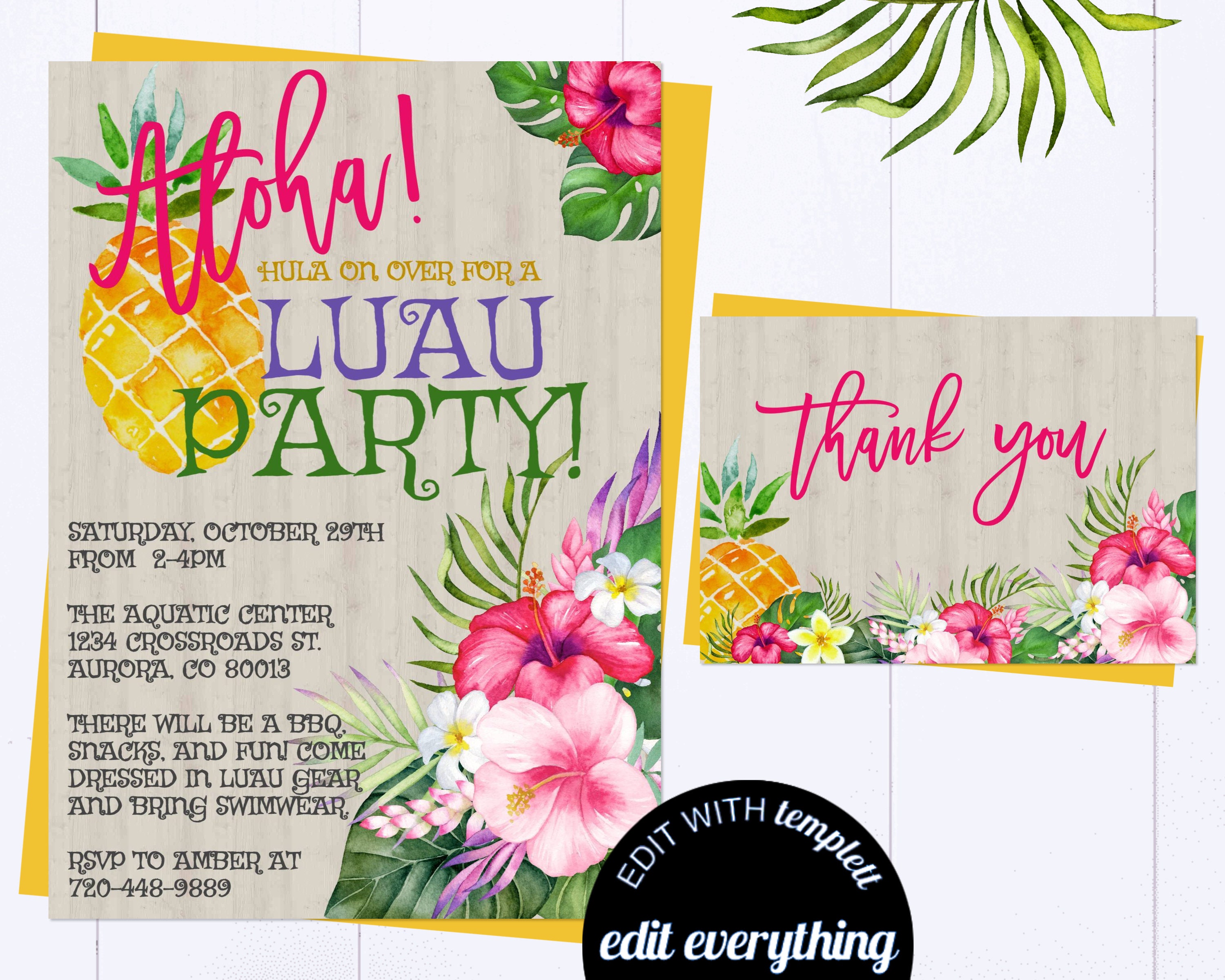 Hawaiian Luau Party Invitation Tropical Floral Luau Party Invite Summer ...