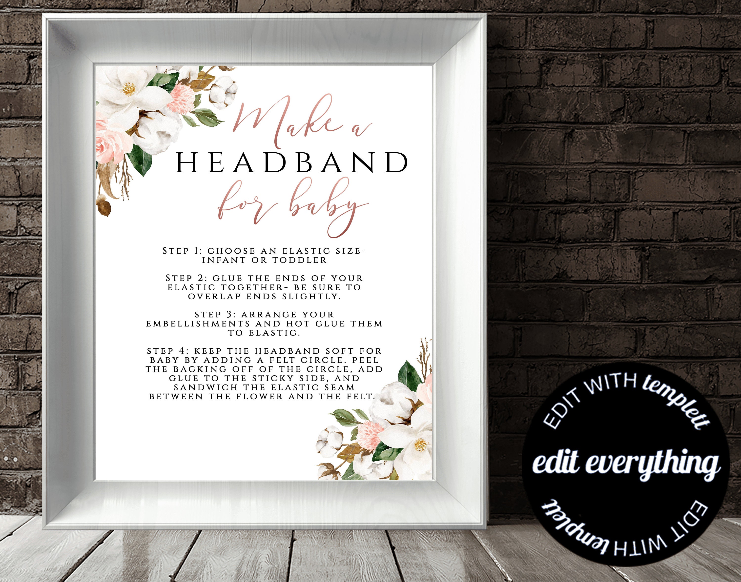 Magnolia Floral Baby Shower Headband Station Sign Floral Baby Shower ...