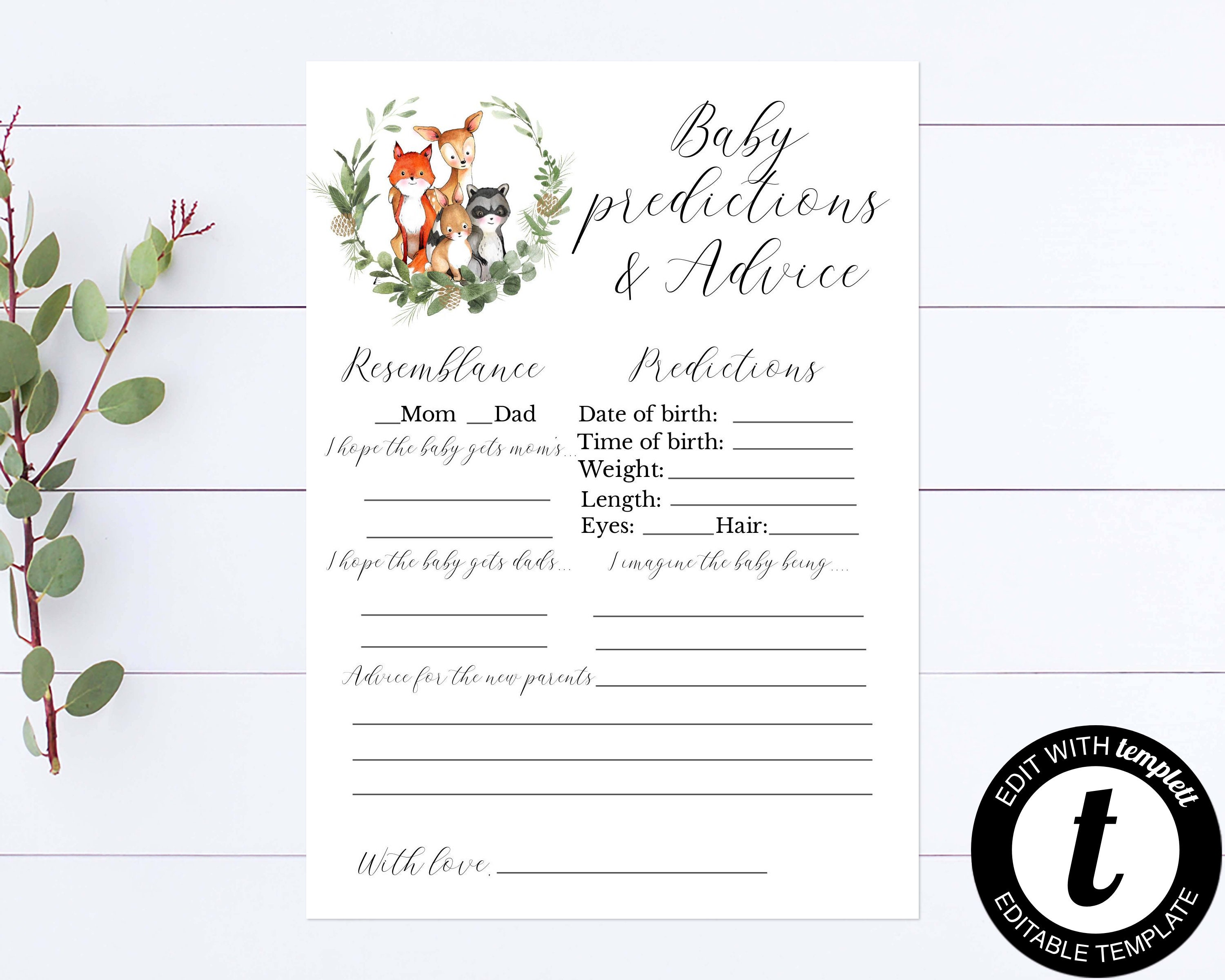 Woodland Animal Predictions For Baby And Advice Activity Greenery ...