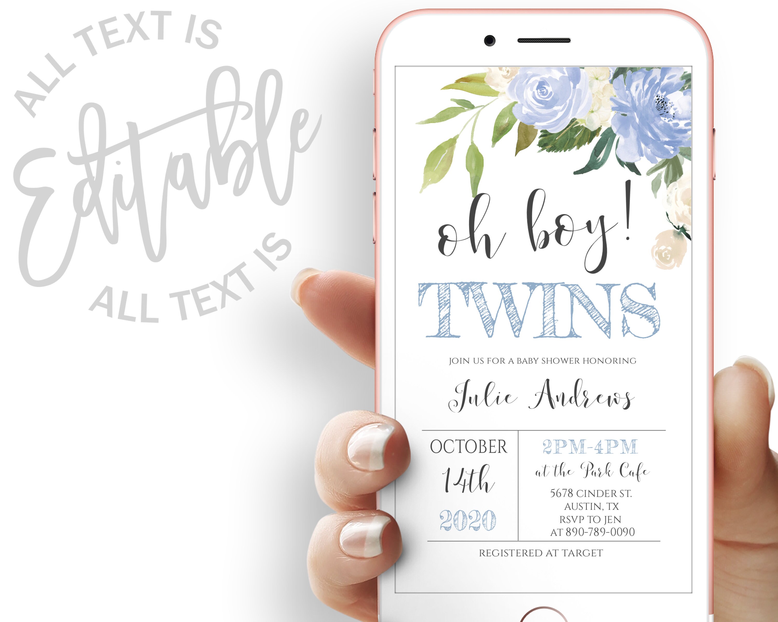 Blue Floral Twins Baby Shower Evite Twins Baby Shower Electronic ...