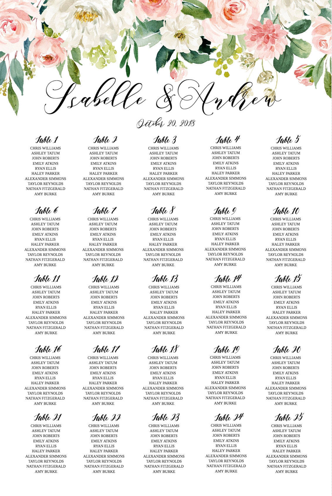 Printable Blush Pink Floral Greenery Wedding Seating Chart Template ...