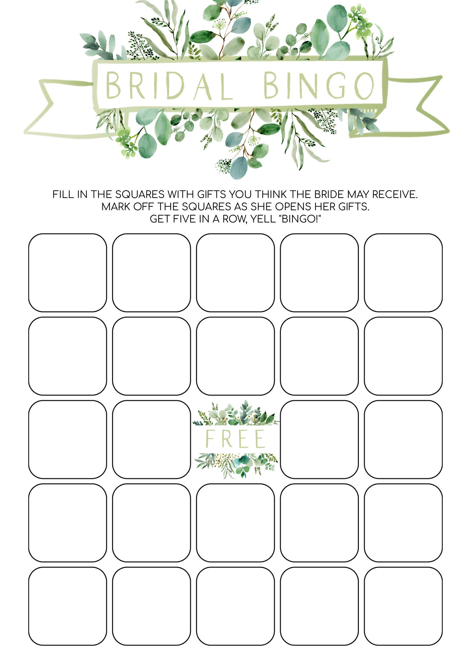 Printable Eucalyptus Bridal Shower Bingo Card Template, Personalized ...
