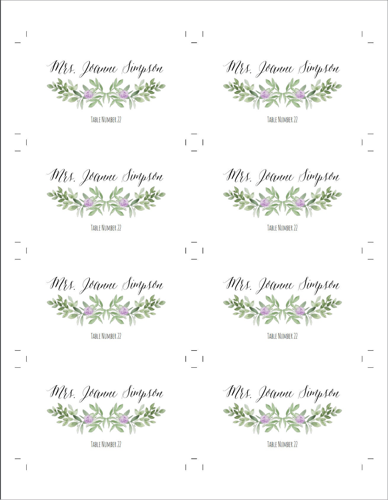 Place Cards Template, Place Card Printable, Greenery and Lavender Place ...