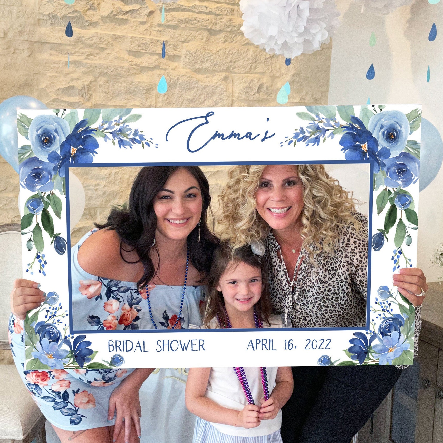 Photo Prop Frame Printable, Blue Floral Bridal Shower Photo Prop Frame ...