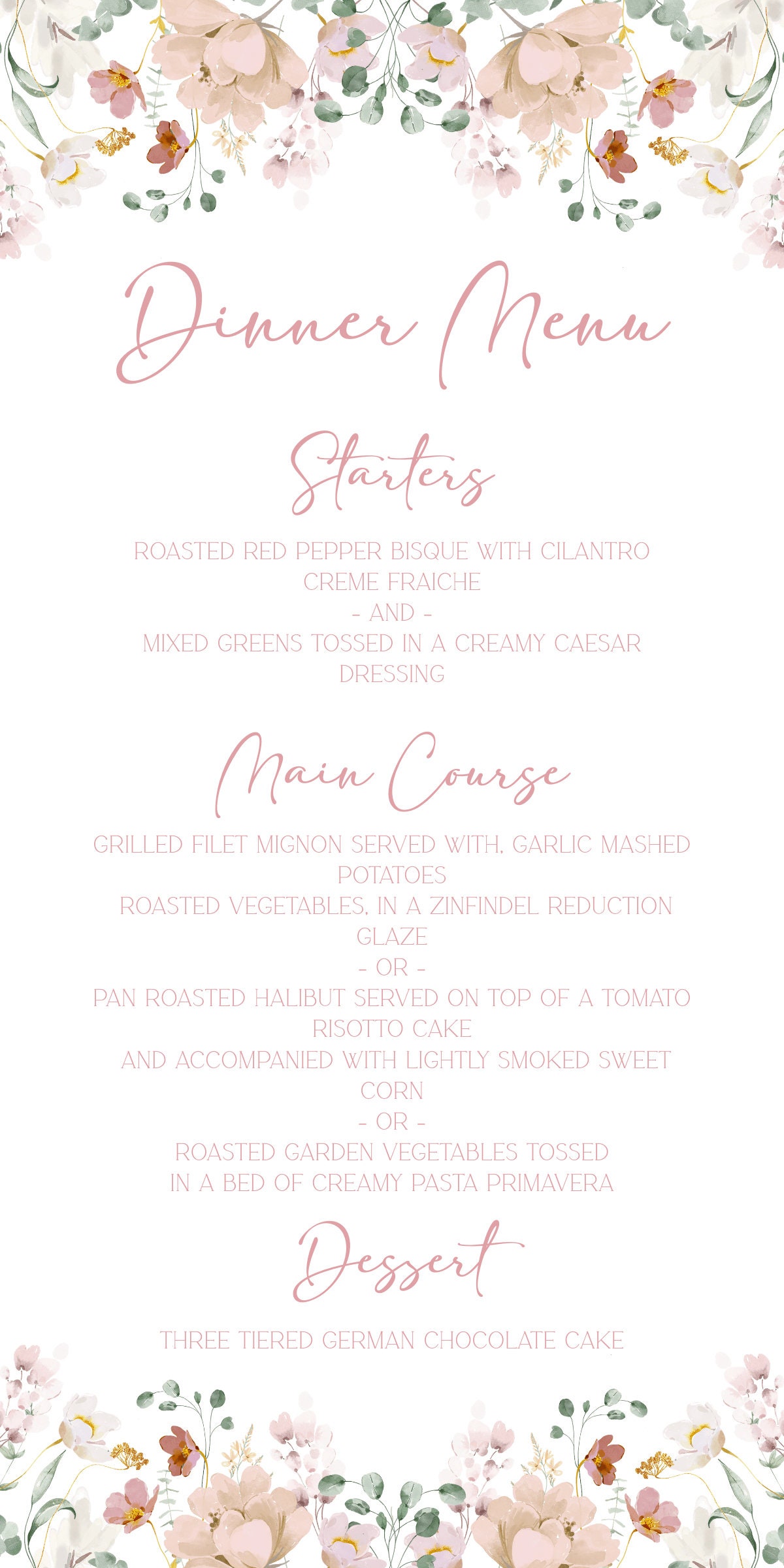 Wildflower Floral Dinner Menu Printable Template, Editable Wedding Menu ...