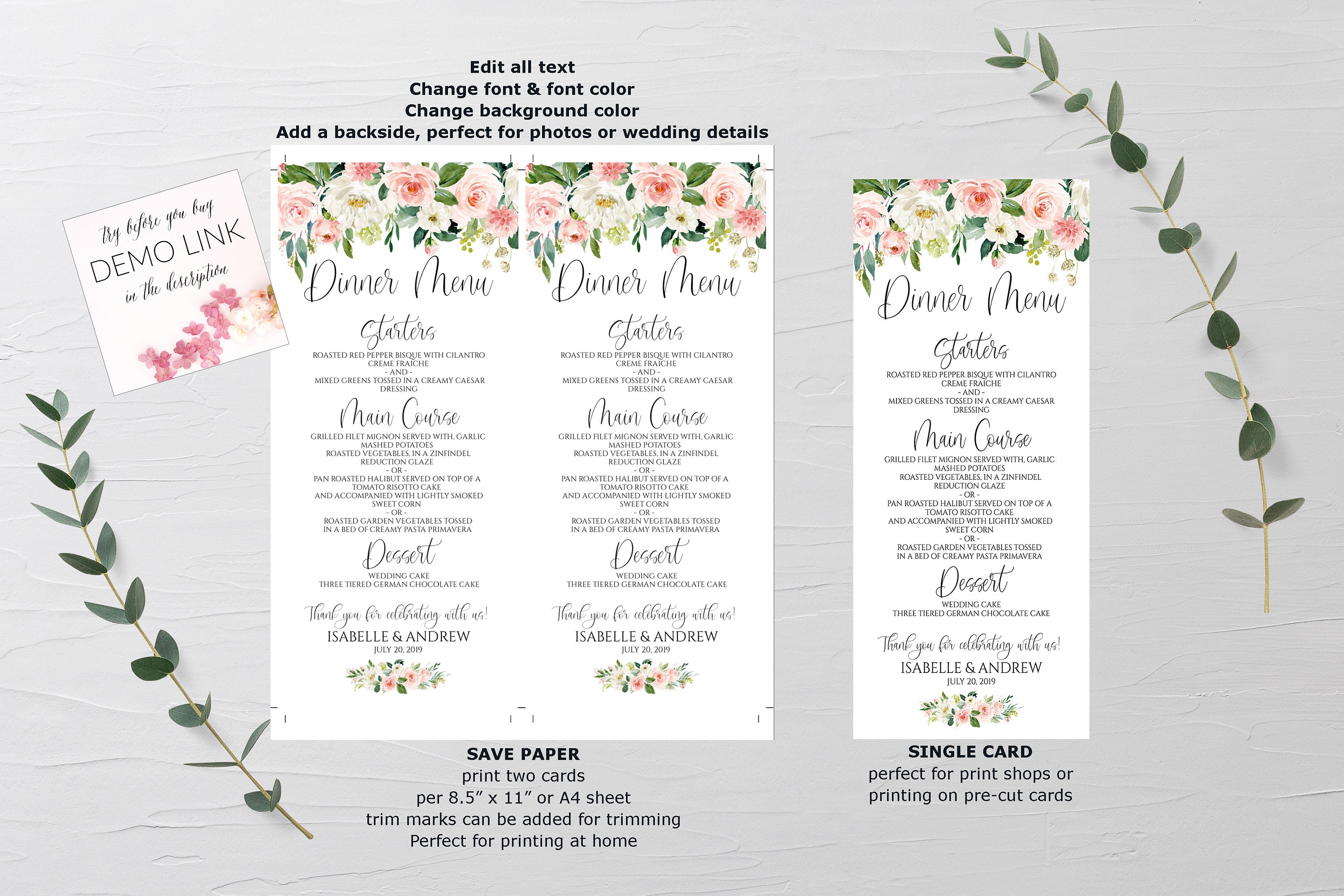 Wildflower Floral Dinner Menu Printable Template, Editable Wedding Menu ...