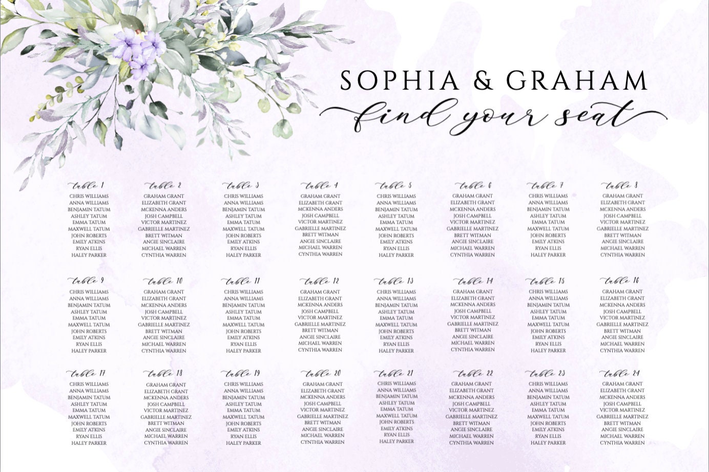 Lavender Seating Chart Template, Succulent Purple Seating Chart ...