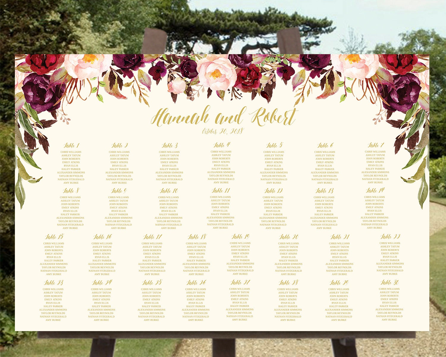 Seating Chart Template Marsala and Cream Printable, Editable 30 Tables ...