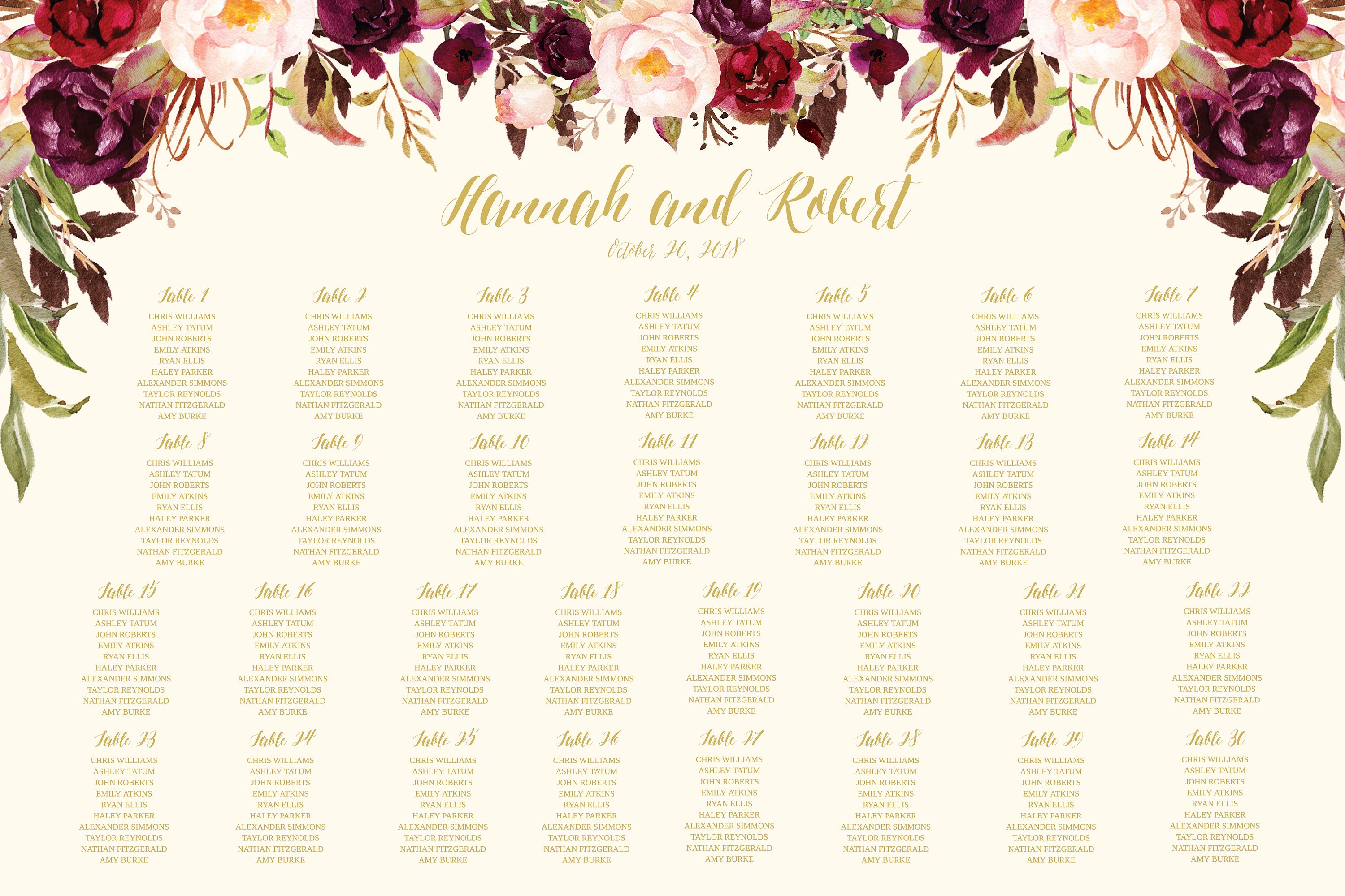 Seating Chart Template Marsala and Cream Printable, Editable 30 Tables ...